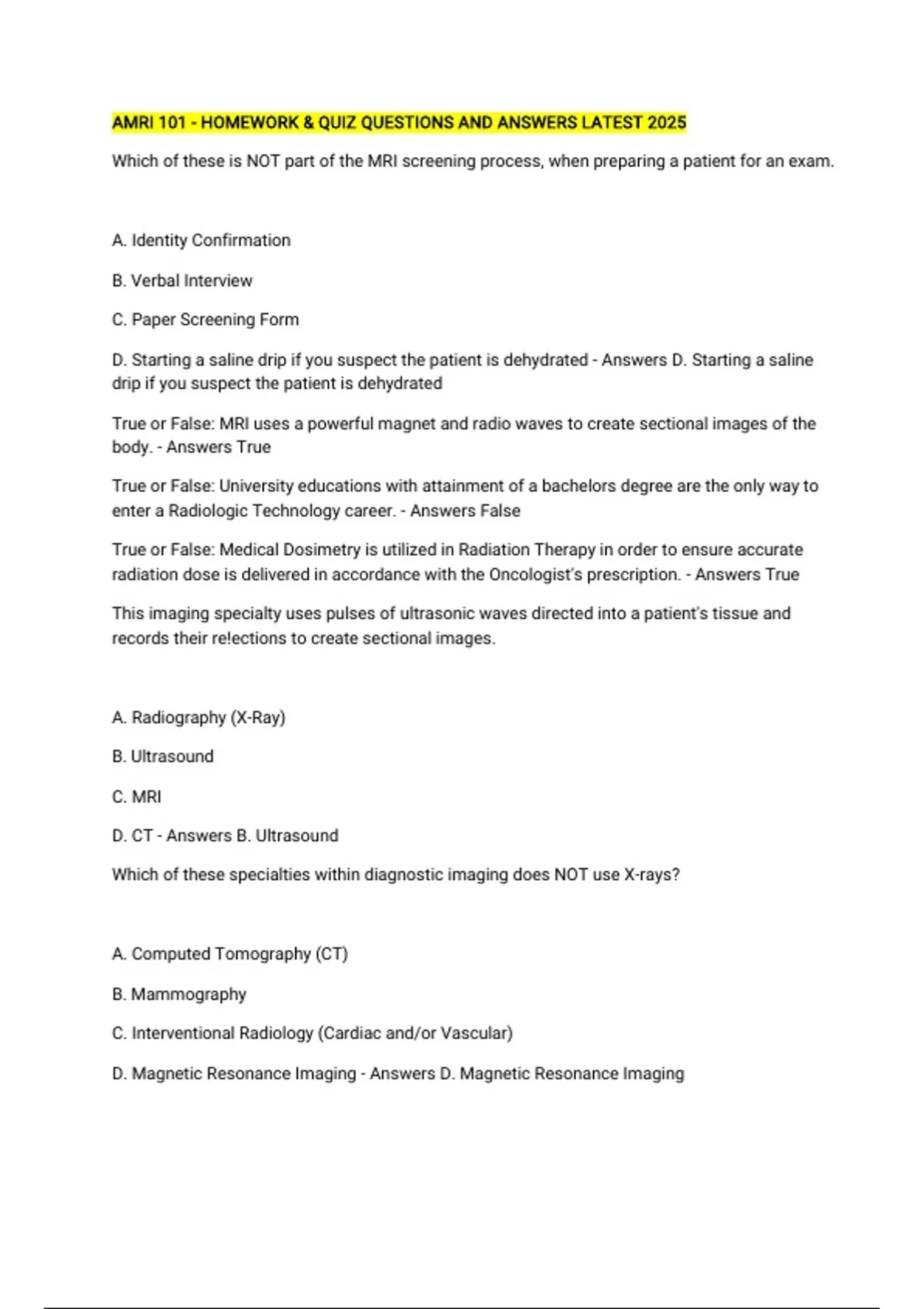 AMRI 101 - HOMEWORK & QUIZ QUESTIONS AND ANSWERS LATEST 2025 - AMRI 101 ...