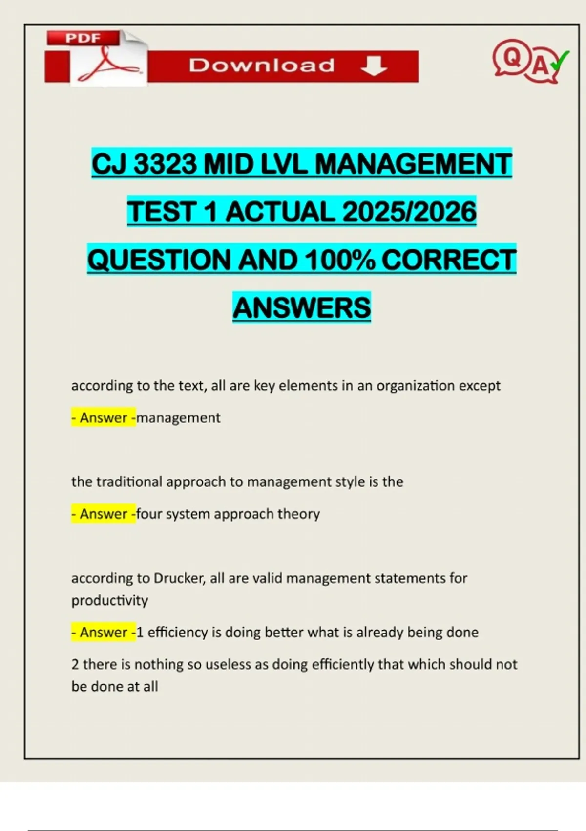 CJ 3323 MID LVL MANAGEMENT TEST 1 ACTUAL 2025/2026 QUESTION AND 100% ...