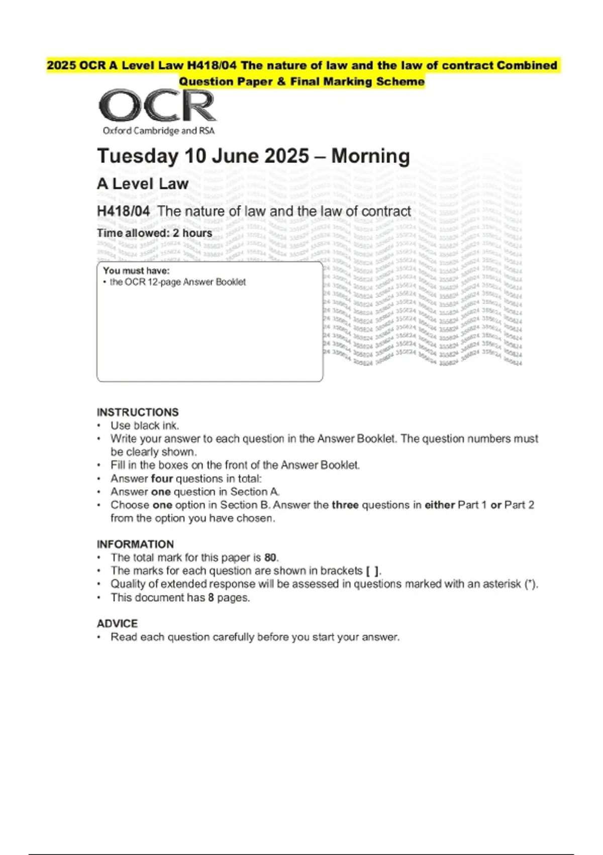 2025 OCR A Level Law H418/04 The nature of law and the law of contract ...
