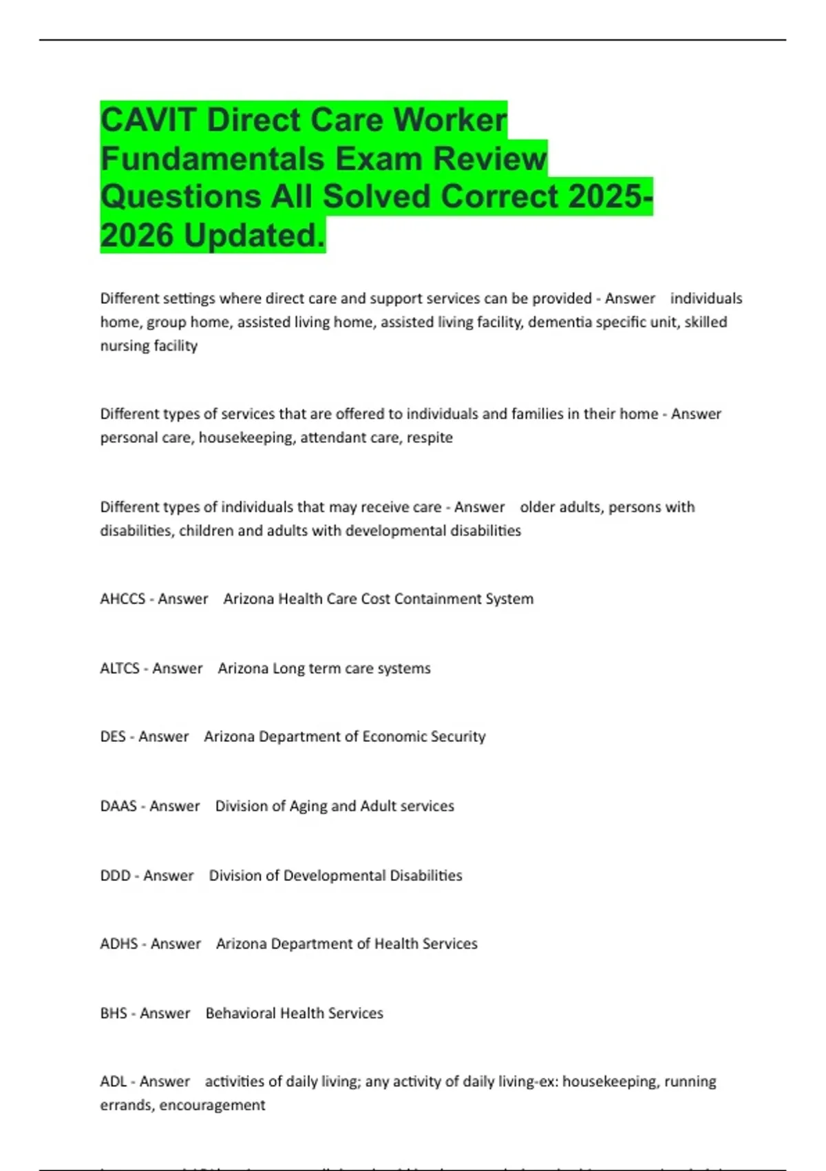 CAVIT Direct Care Worker Fundamentals Exam Review Questions All Solved ...