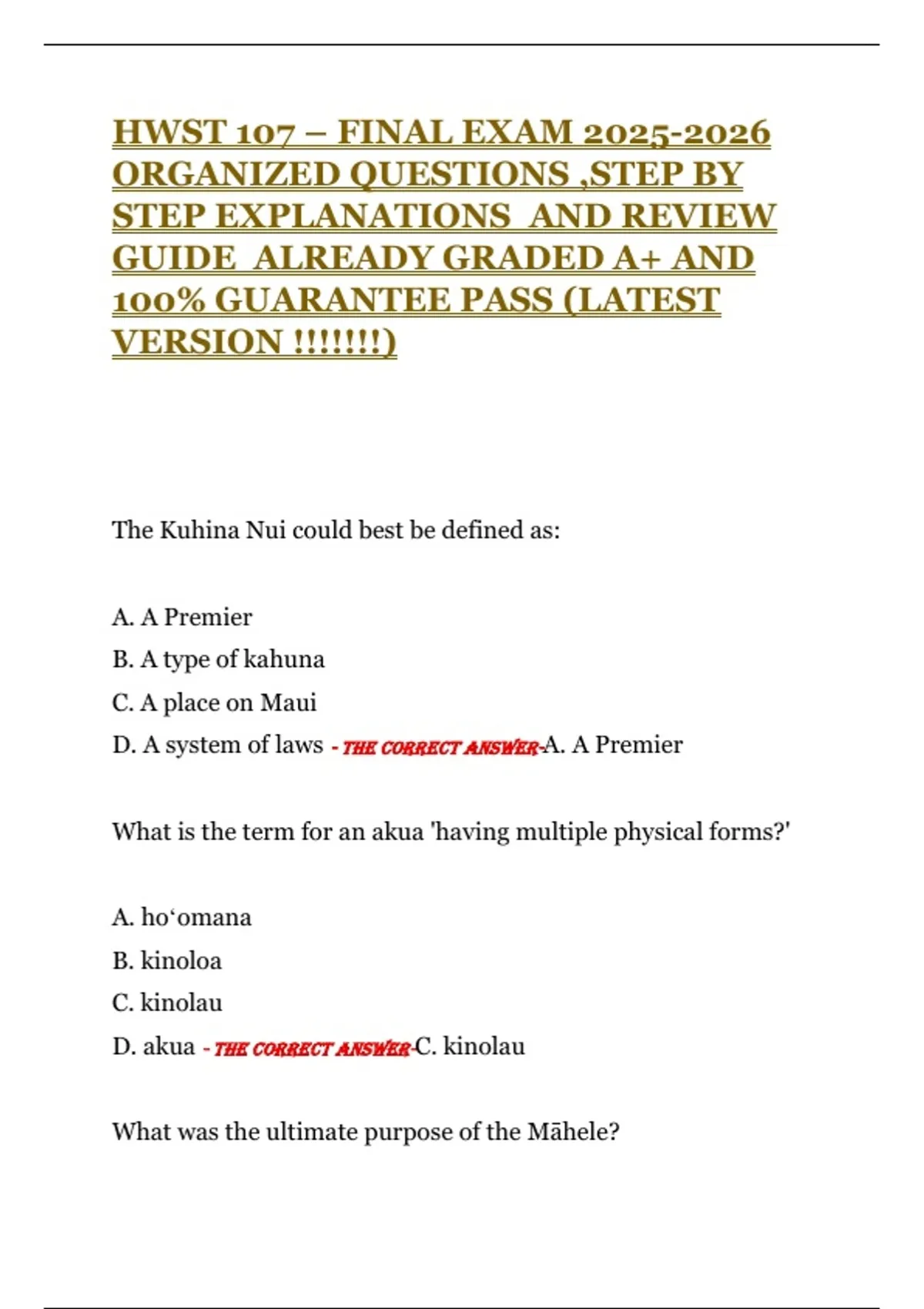 HWST 107 – FINAL EXAM ORGANIZED QUESTIONS ,STEP BY STEP EXPLANATIONS ...
