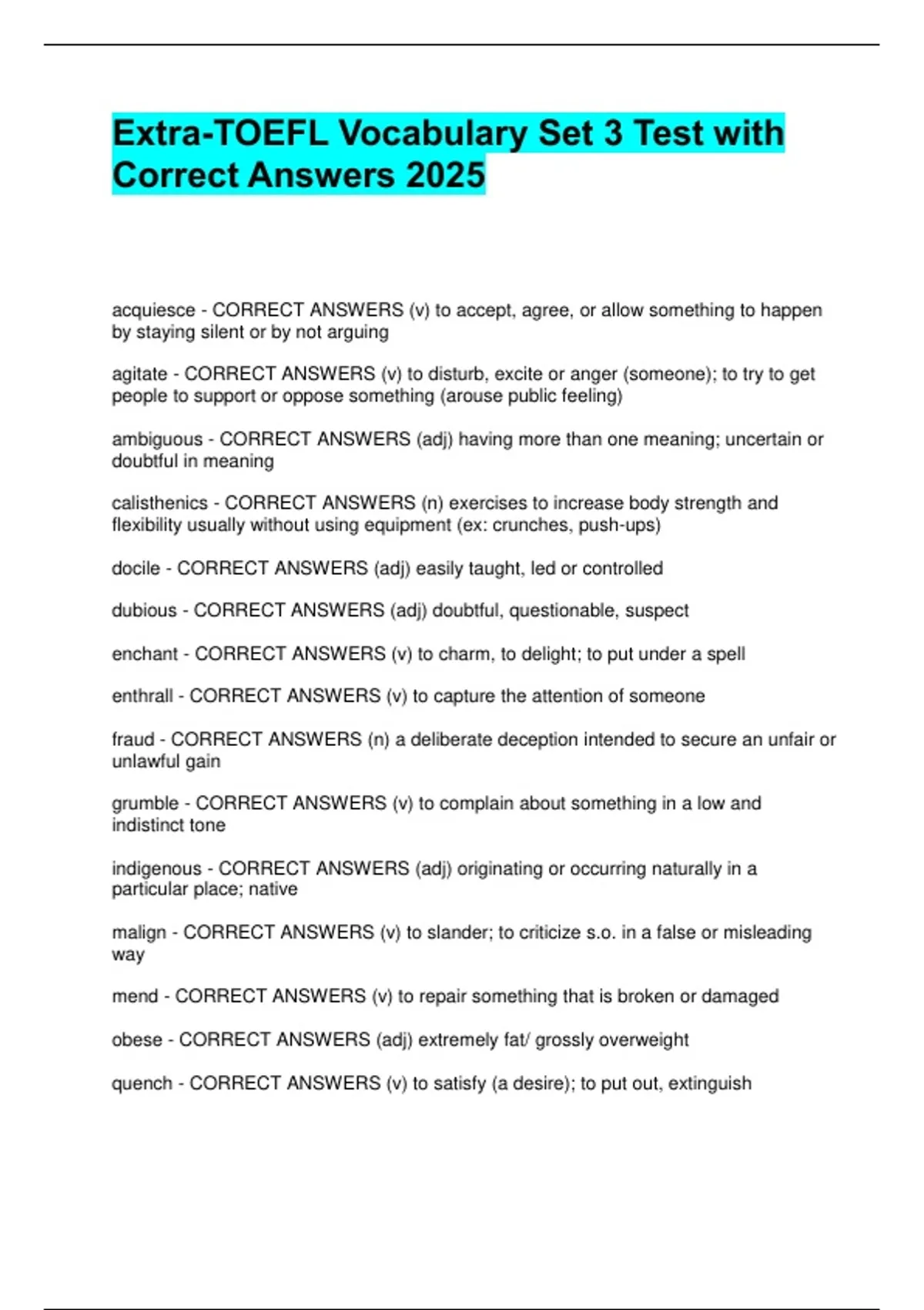 Extra-TOEFL Vocabulary Set 3 Test with Correct Answers 2025. - Extra ...