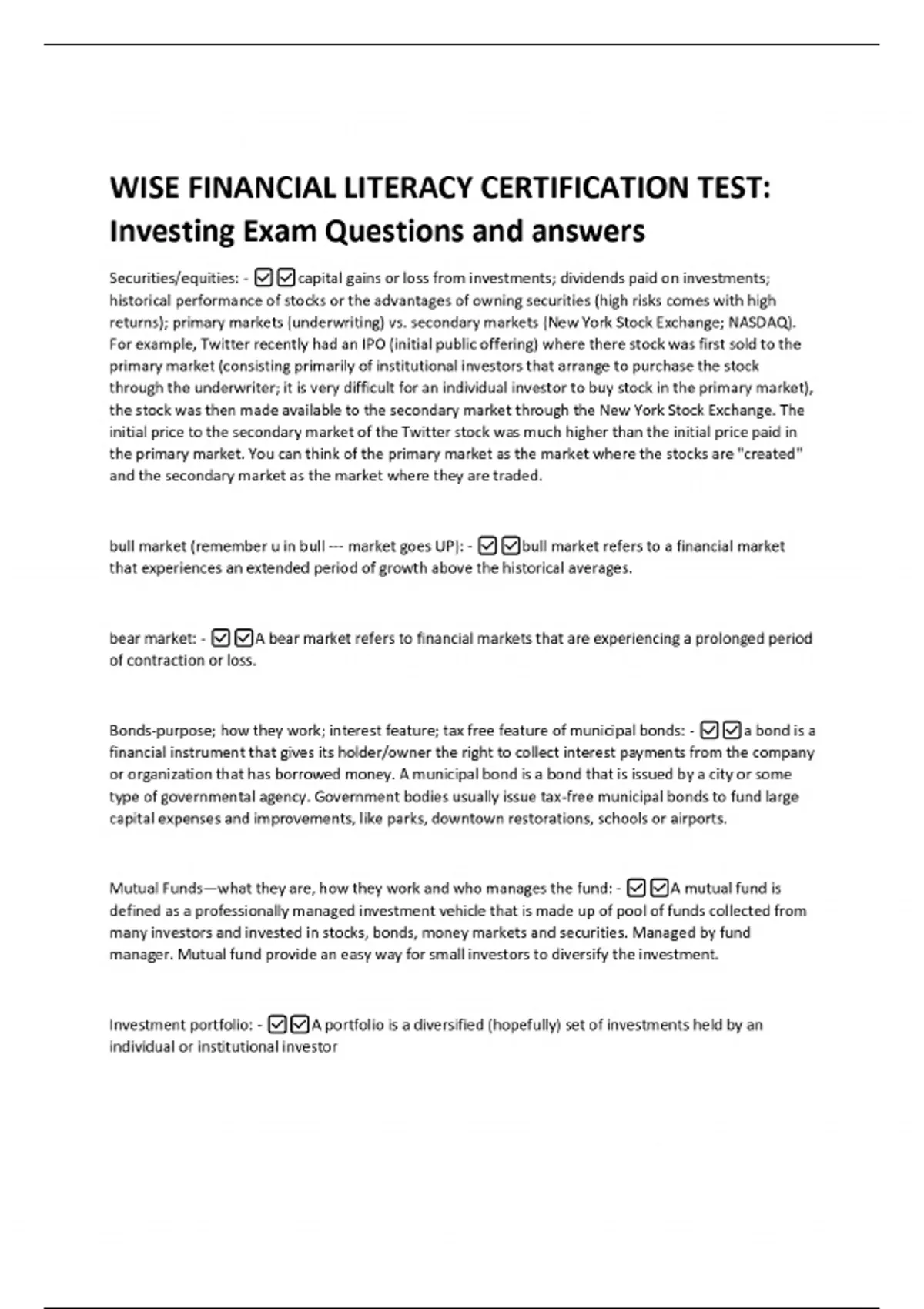 WISE FINANCIAL LITERACY CERTIFICATION TEST: Investing Exam Questions ...