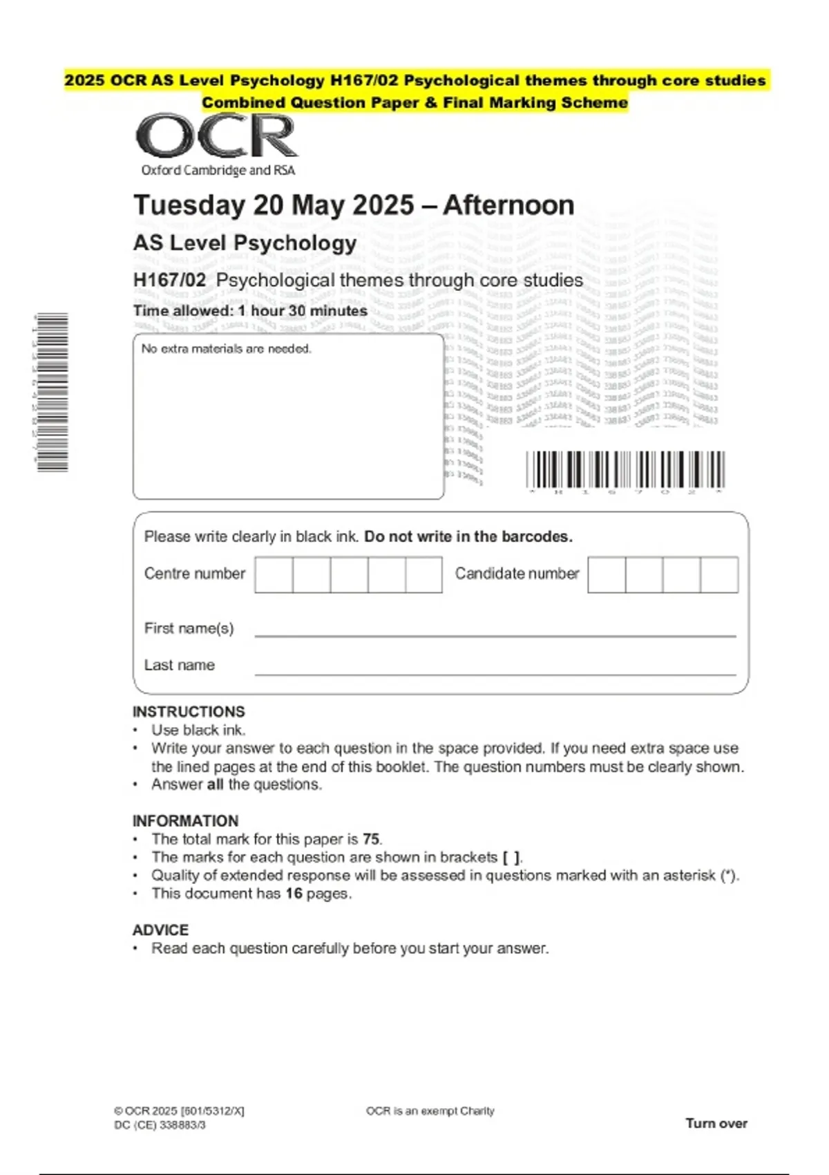 2025 OCR AS Level Psychology H167/02 Psychological themes through core ...