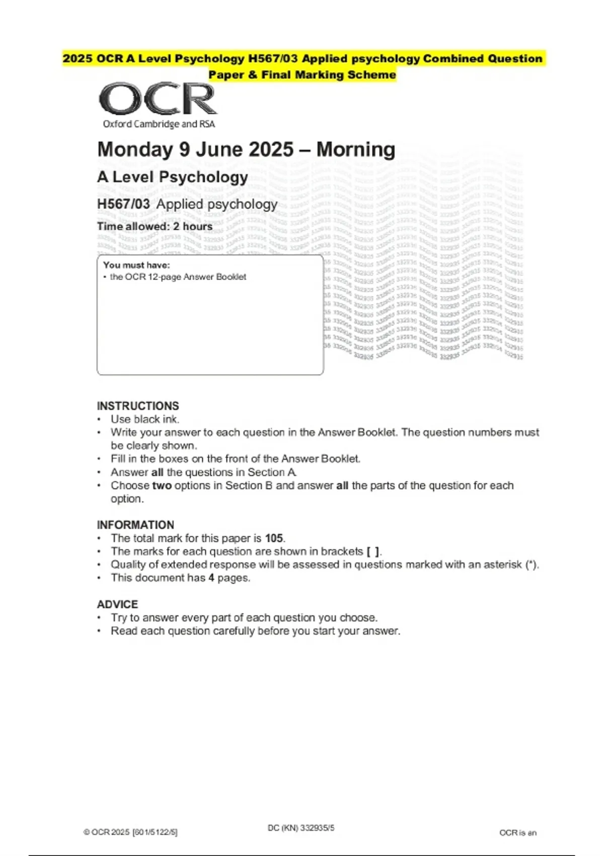 2025 OCR A Level Psychology H567/03 Applied psychology Combined ...