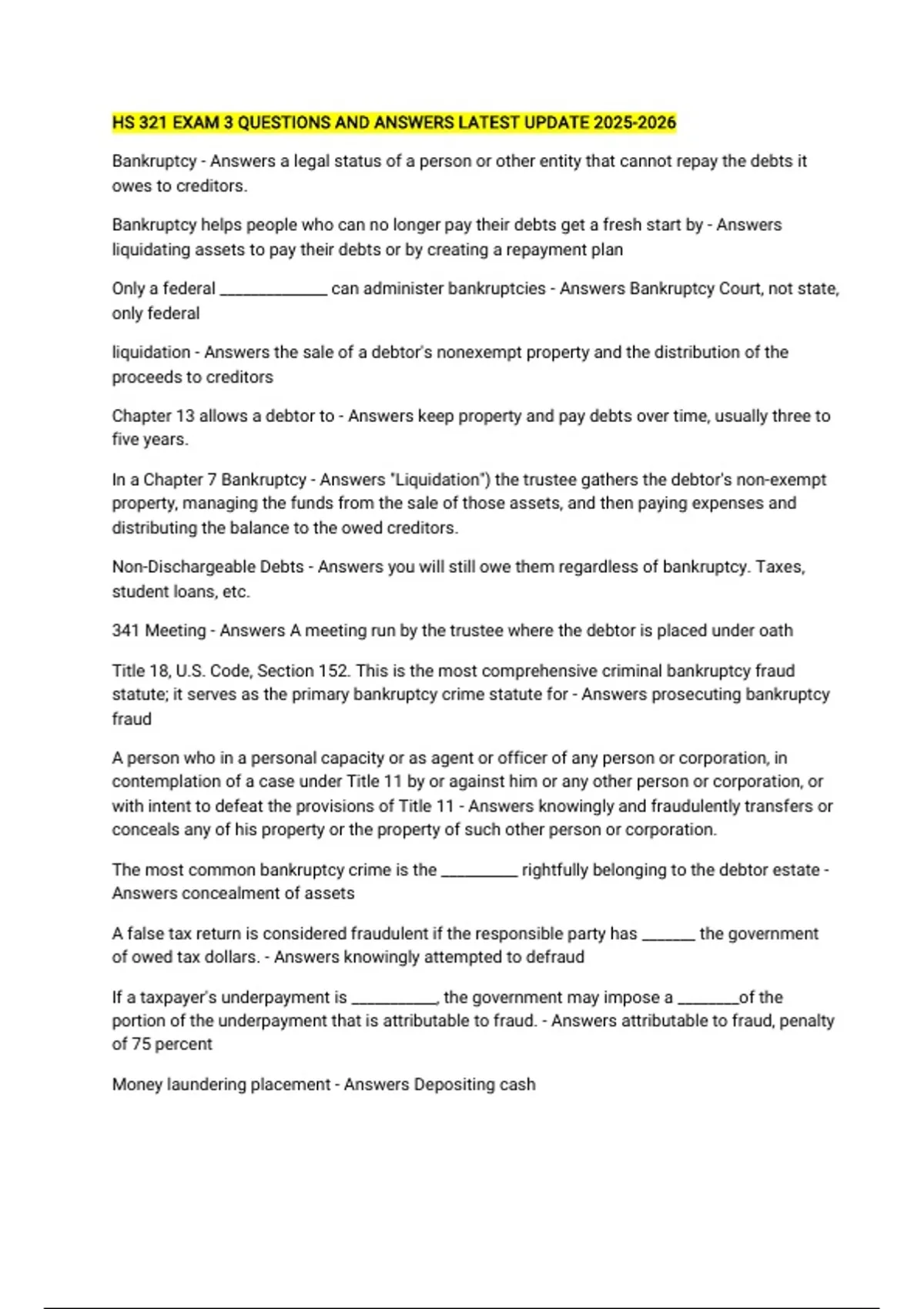 HS 321 EXAM 3 QUESTIONS AND ANSWERS LATEST UPDATE - HS 321 - Stuvia US