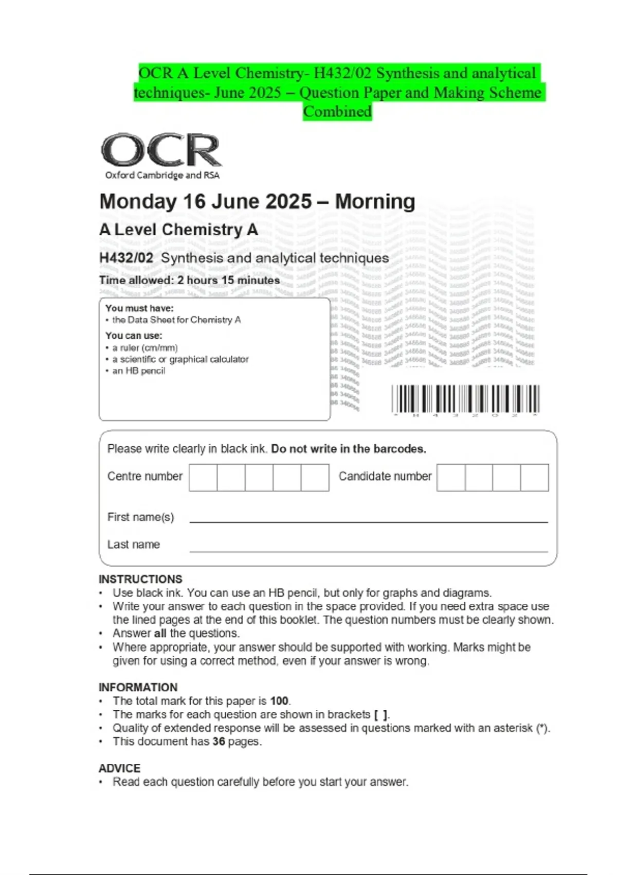 OCR A Level Chemistry- H432/01 Periodic table, elements and physical ...