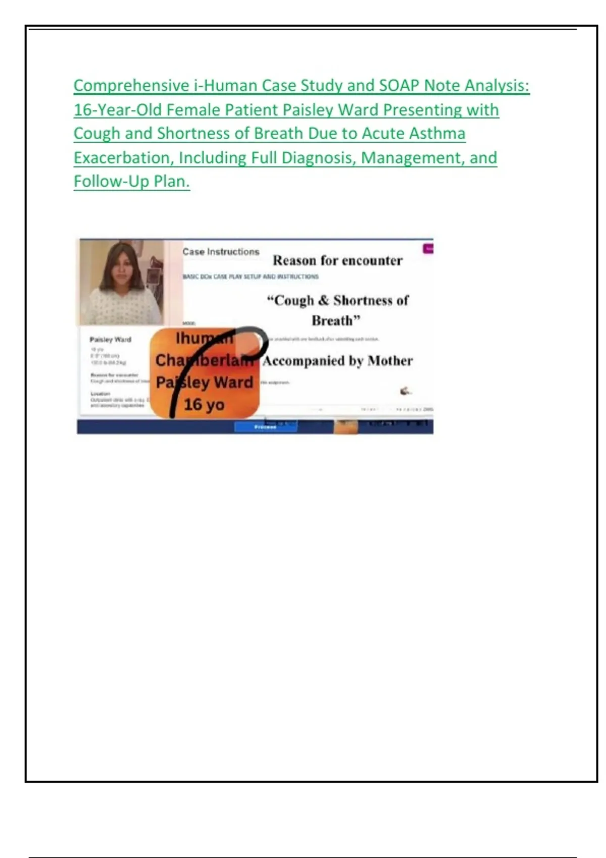 Comprehensive i-Human Case Study and SOAP Note Analysis: 16-Year-Old ...