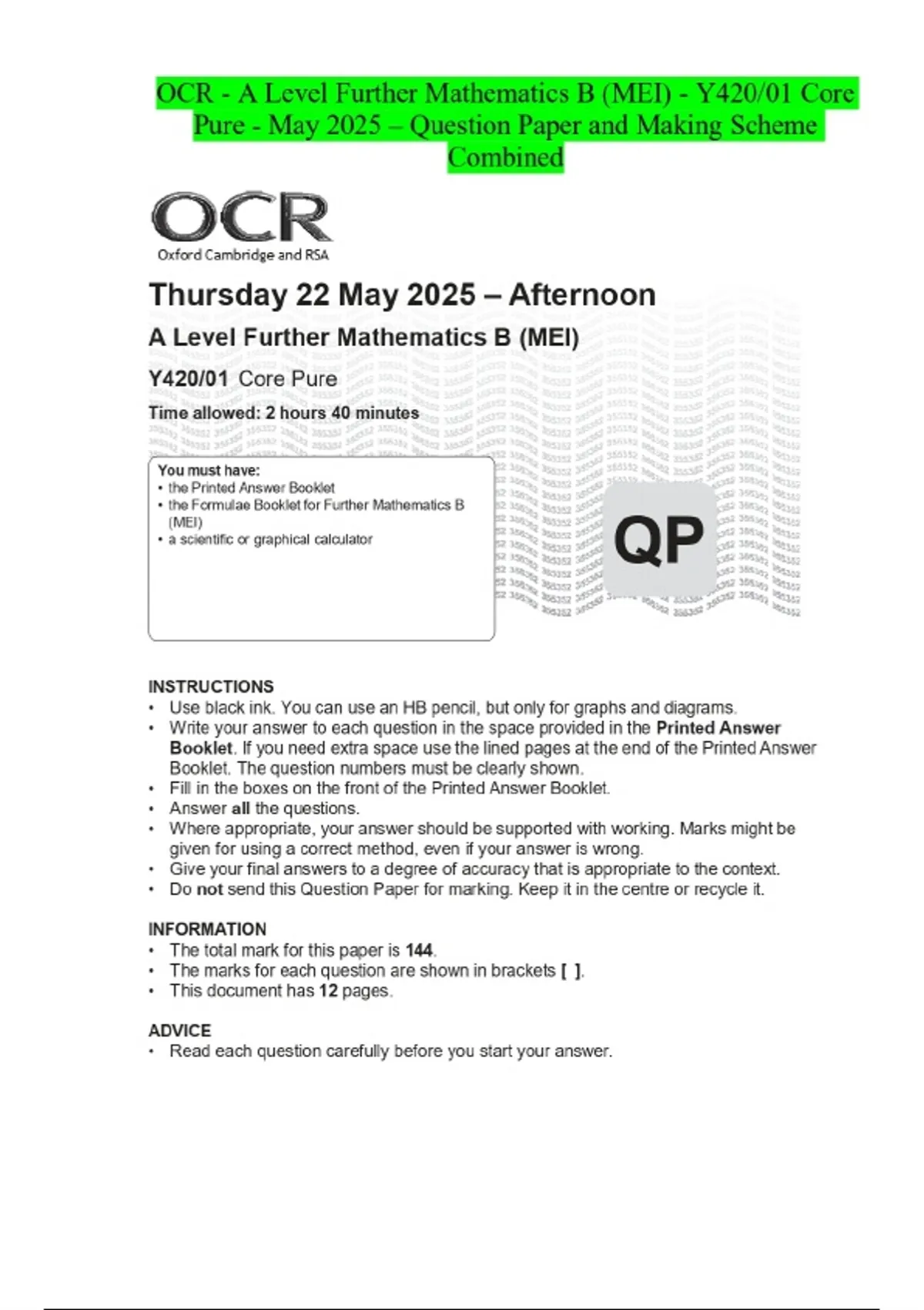 OCR - A Level Further Mathematics B (MEI) - Y420/01 Core Pure - May ...