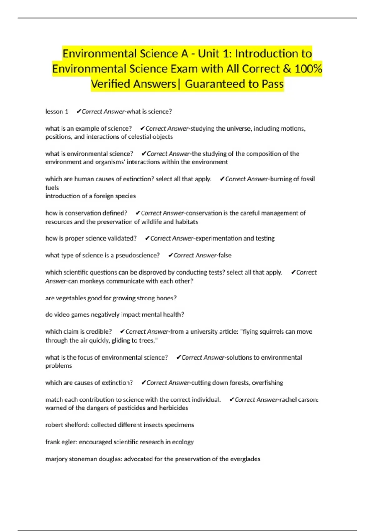 Environmental Science A - Unit 1: Introduction to Environmental Science ...