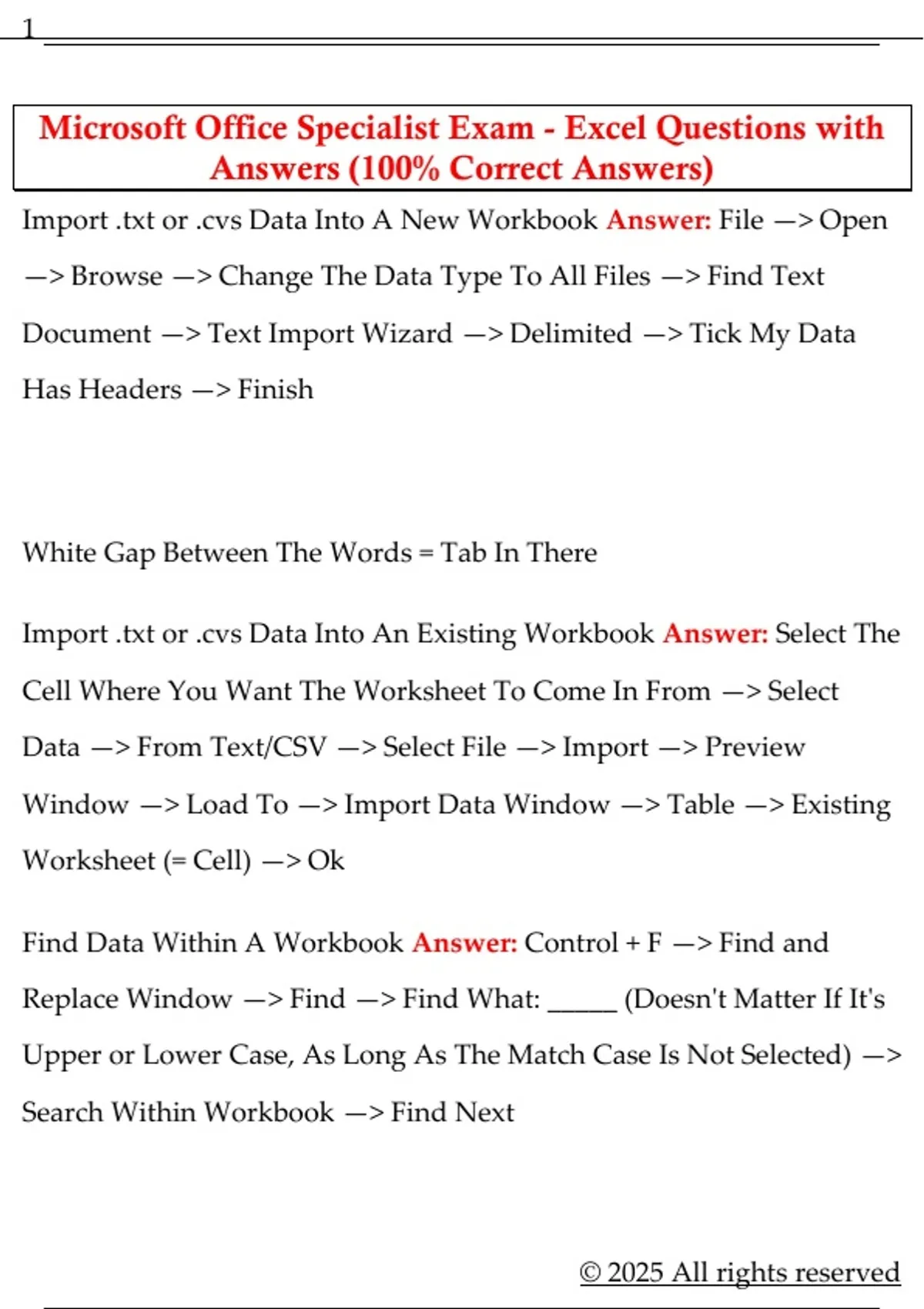 Microsoft Office Specialist Exam - Excel Questions with Answers (100% ...