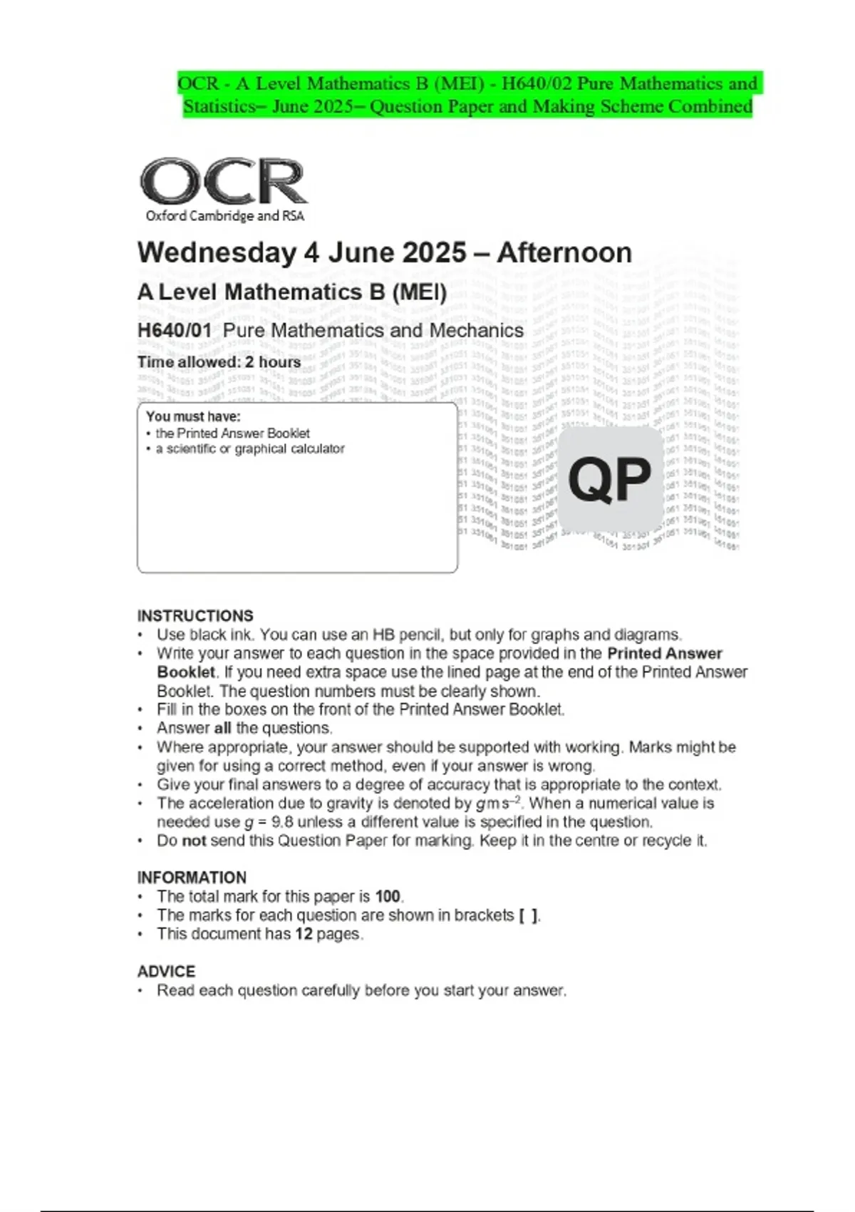 OCR - A Level Mathematics B (MEI) - H640/02 Pure Mathematics and ...