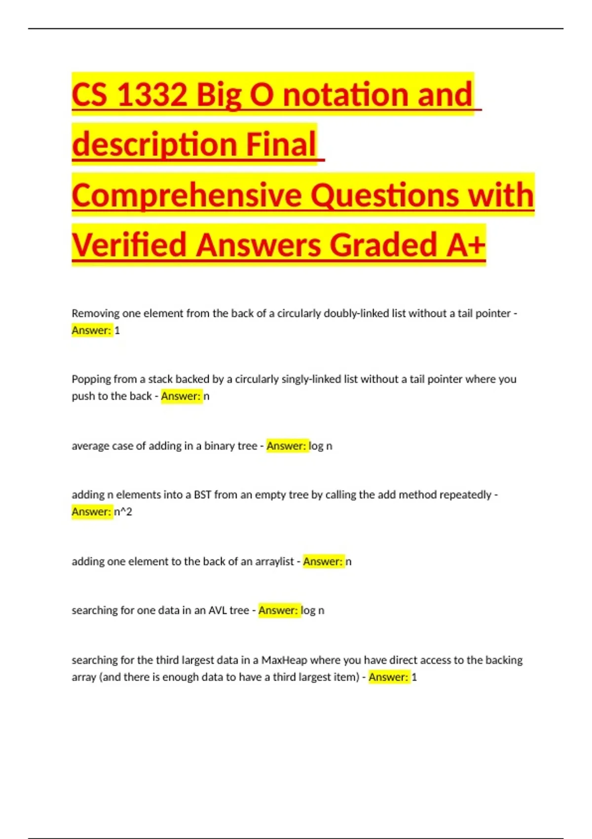 CS 1332 Big O notation and description Final Comprehensive Questions ...