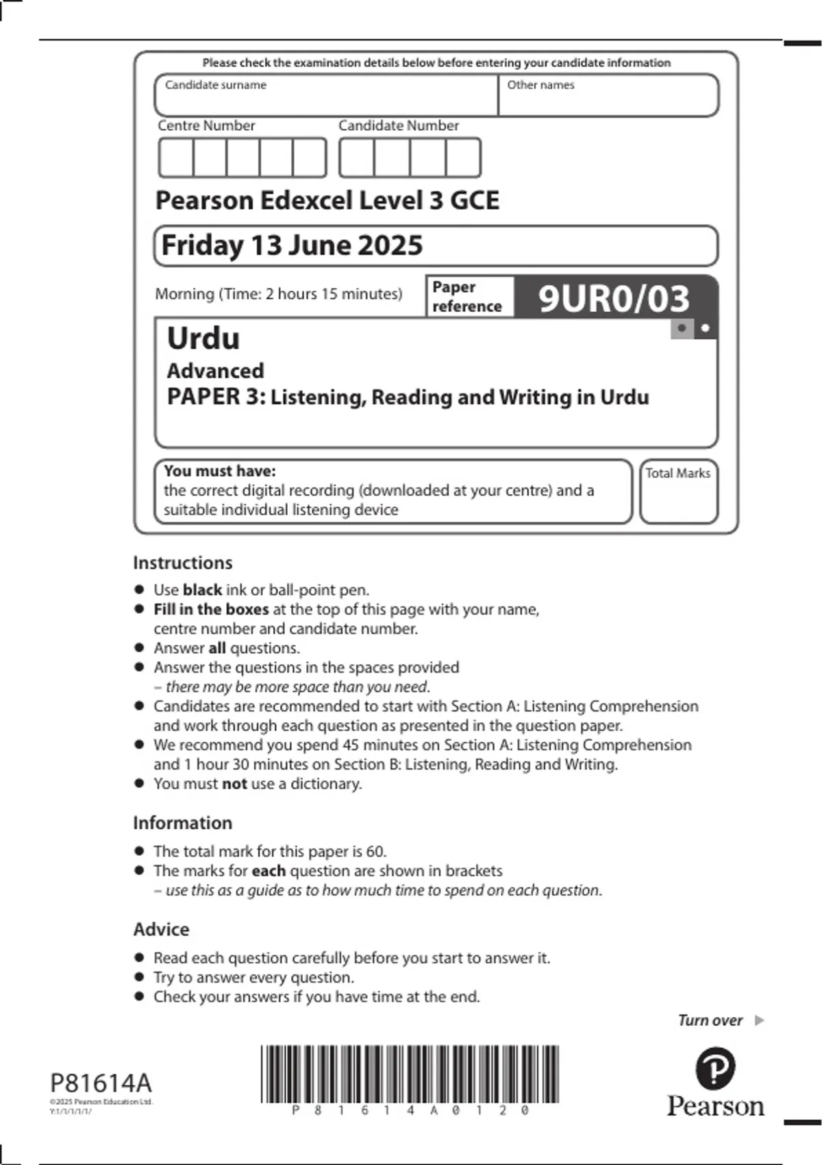 2025 Pearson Edexcel Level 1/Level 2 GCSE (9–1) Urdu Advanced PAPER 3 ...