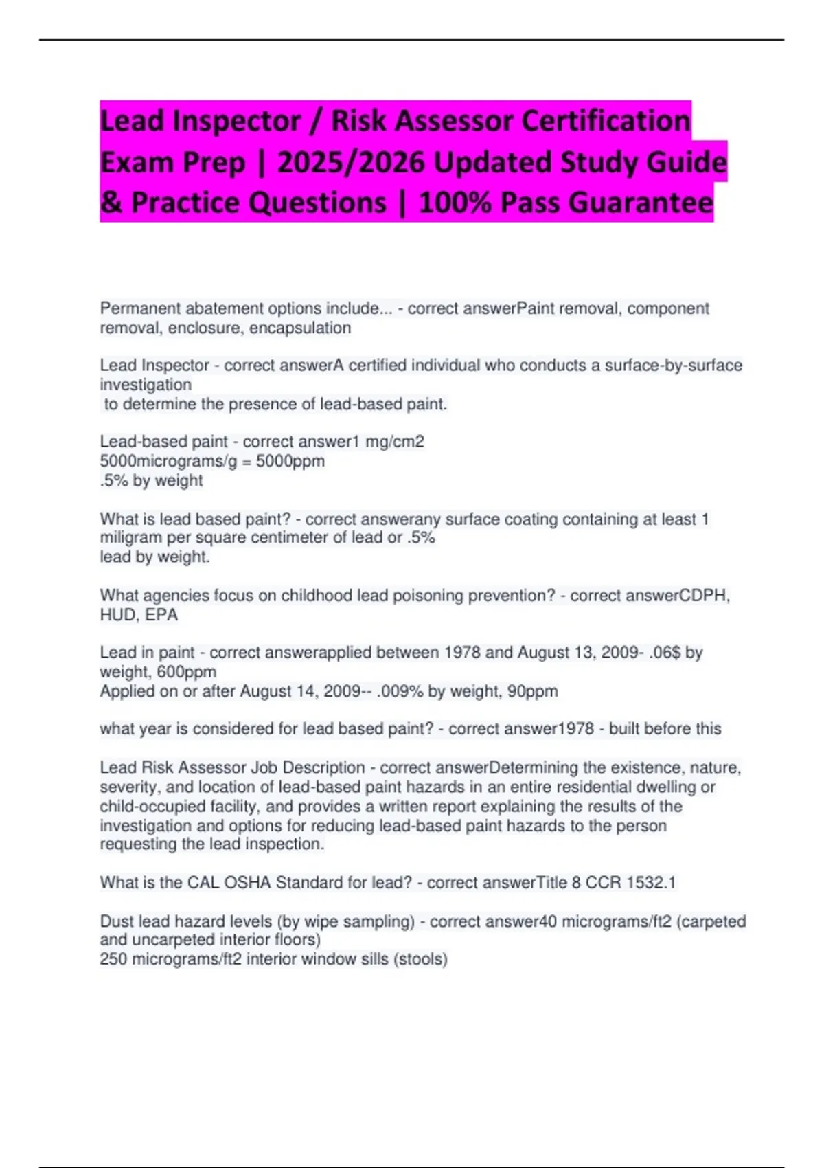 Lead Inspector / Risk Assessor Certification Exam Prep | 2025/2026 ...