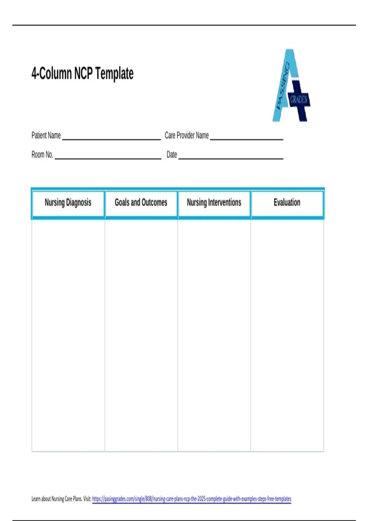 Four-Column Nursing Care Plan Template (Printable & Editable) – NANDA ...