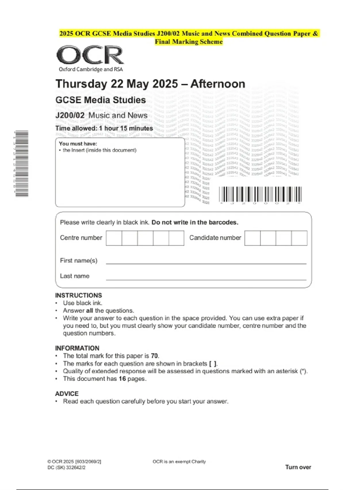 2025 OCR GCSE Media Studies J200/02 Music and News Combined Question Paper & Final Marking ...