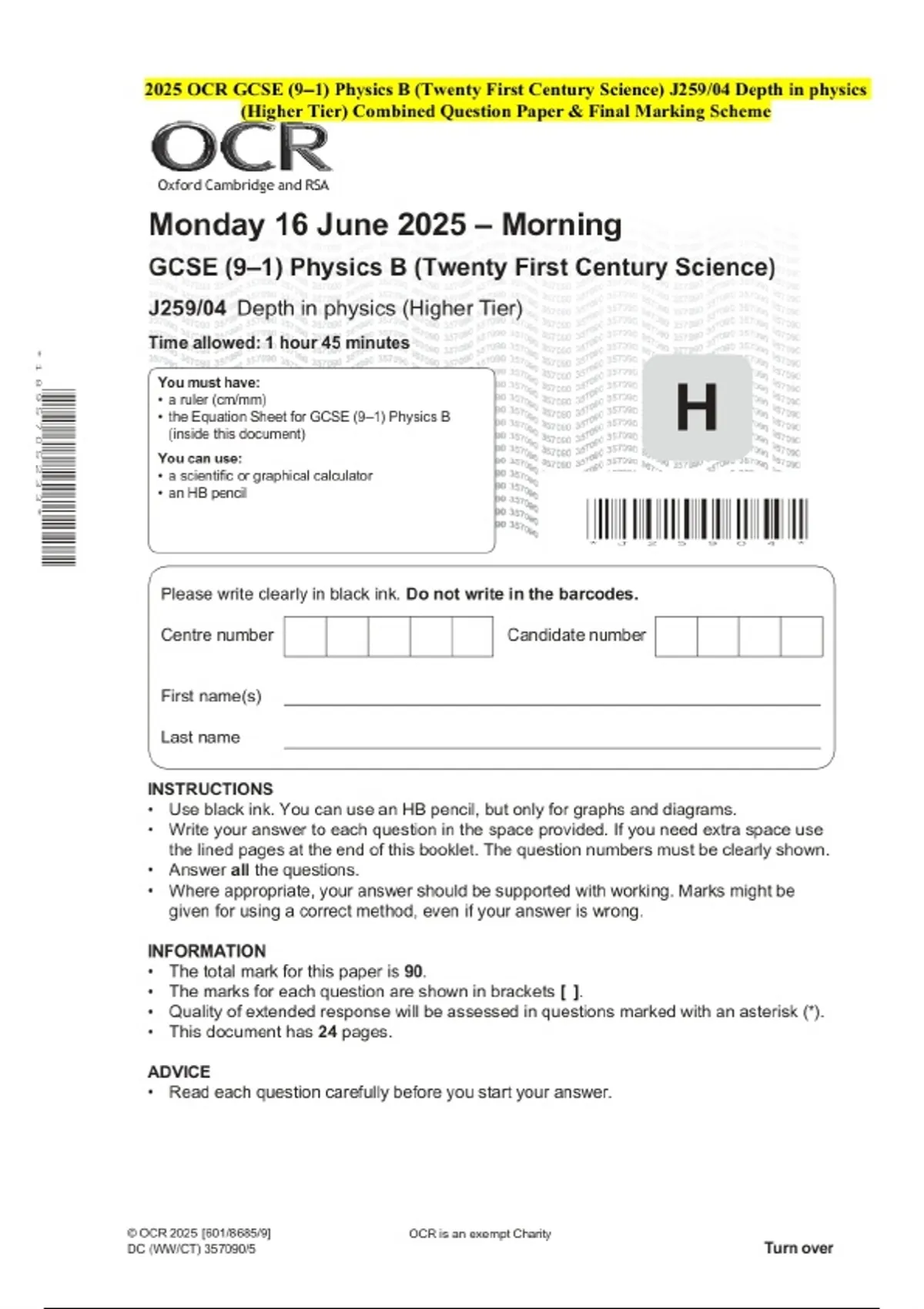 2025 OCR GCSE (9–1) Physics B (Twenty First Century Science) J259/04 ...