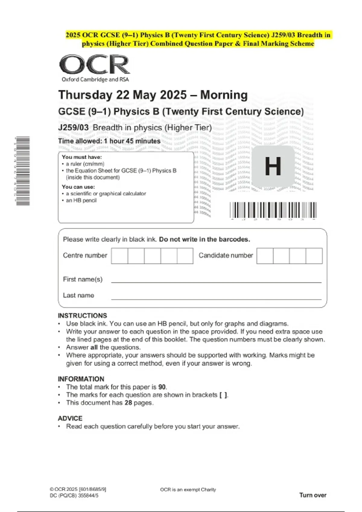 2025 OCR GCSE (9–1) Physics B (Twenty First Century Science) J259/03 Breadth in physics (Higher ...