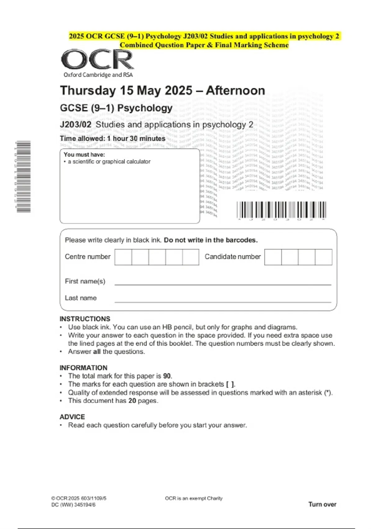 2025 OCR GCSE (9–1) Psychology J203/02 Studies and applications in ...