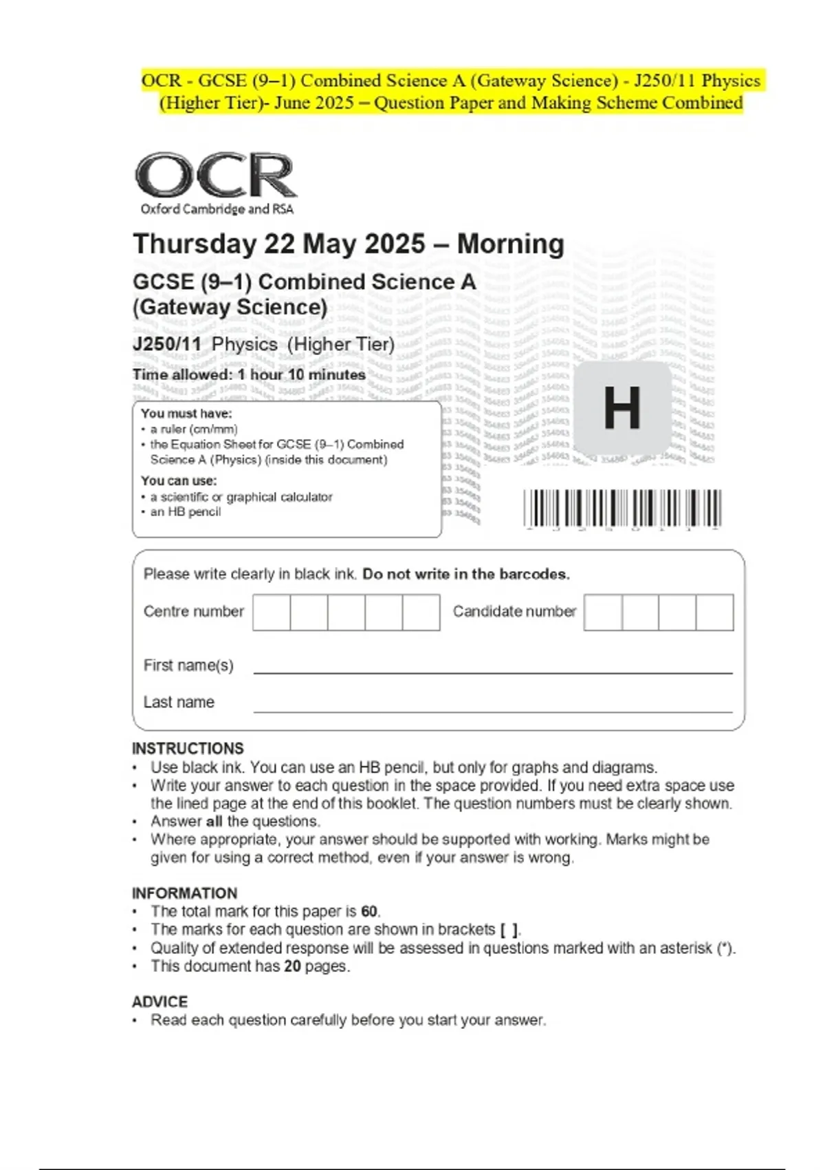 OCR - GCSE (9–1) Combined Science A (Gateway Science) - J250/11 Physics ...