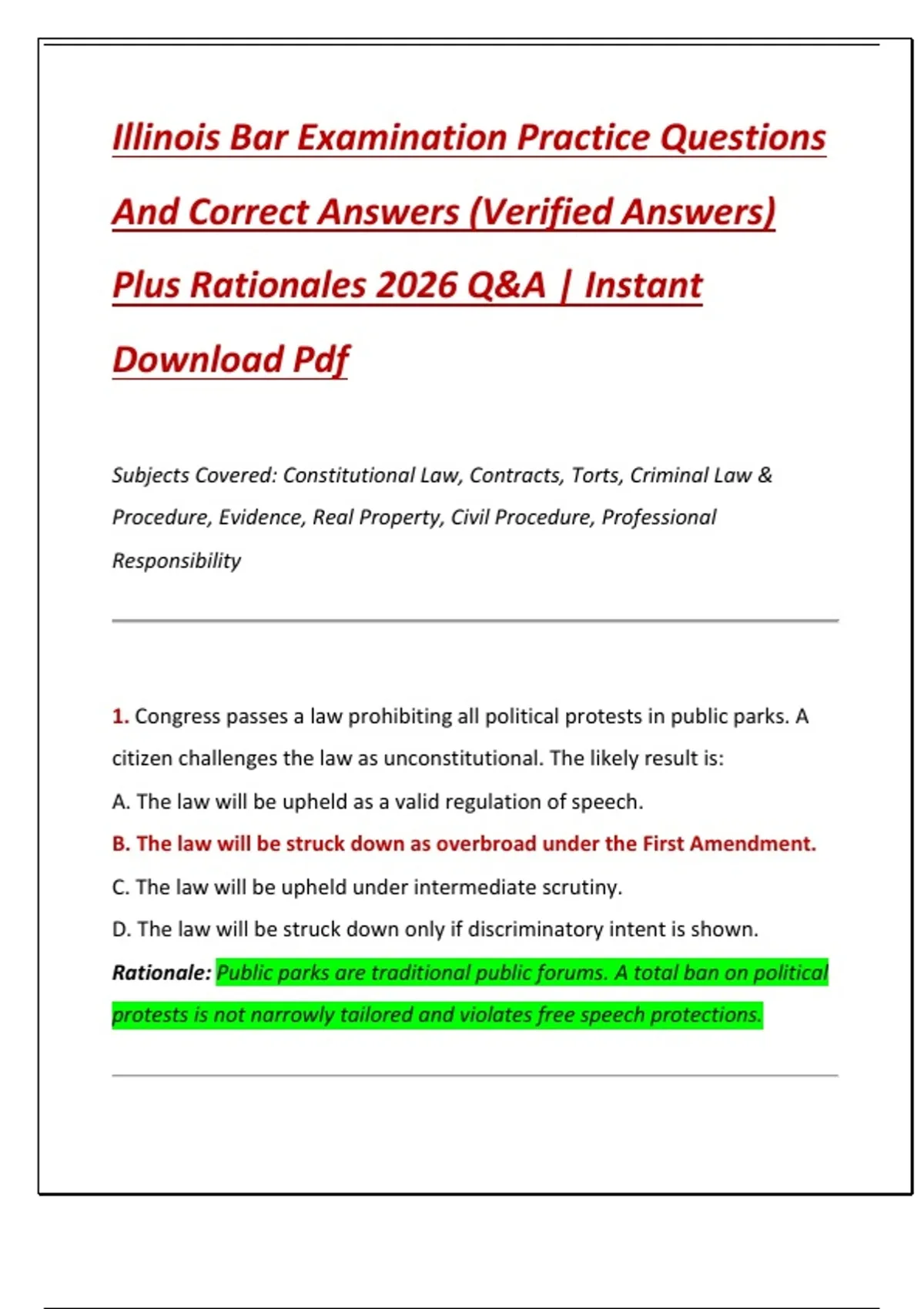 Illinois Bar Examination Practice Questions And Correct Answers ...