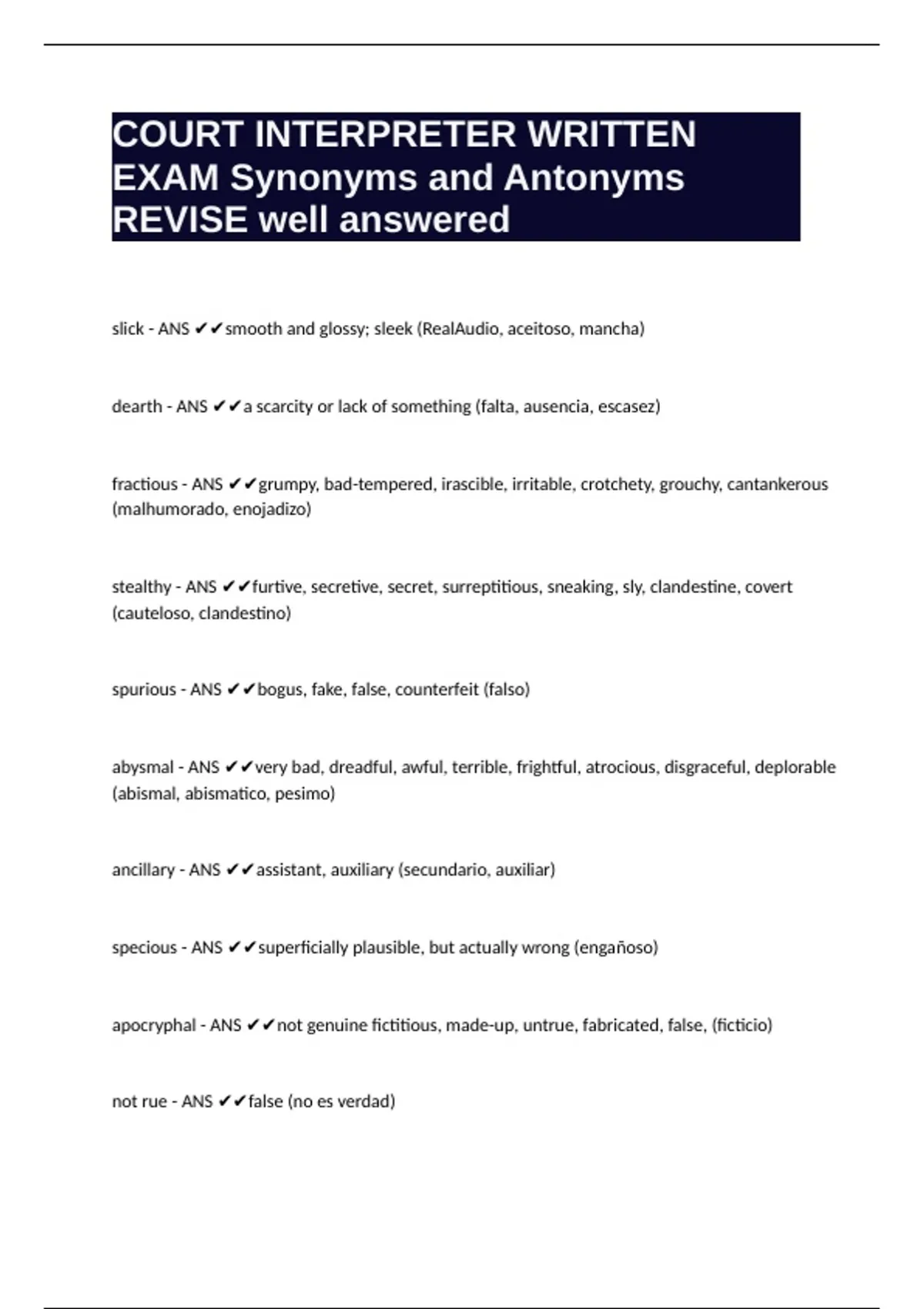 COURT INTERPRETER WRITTEN EXAM Synonyms and Antonyms REVISE well ...
