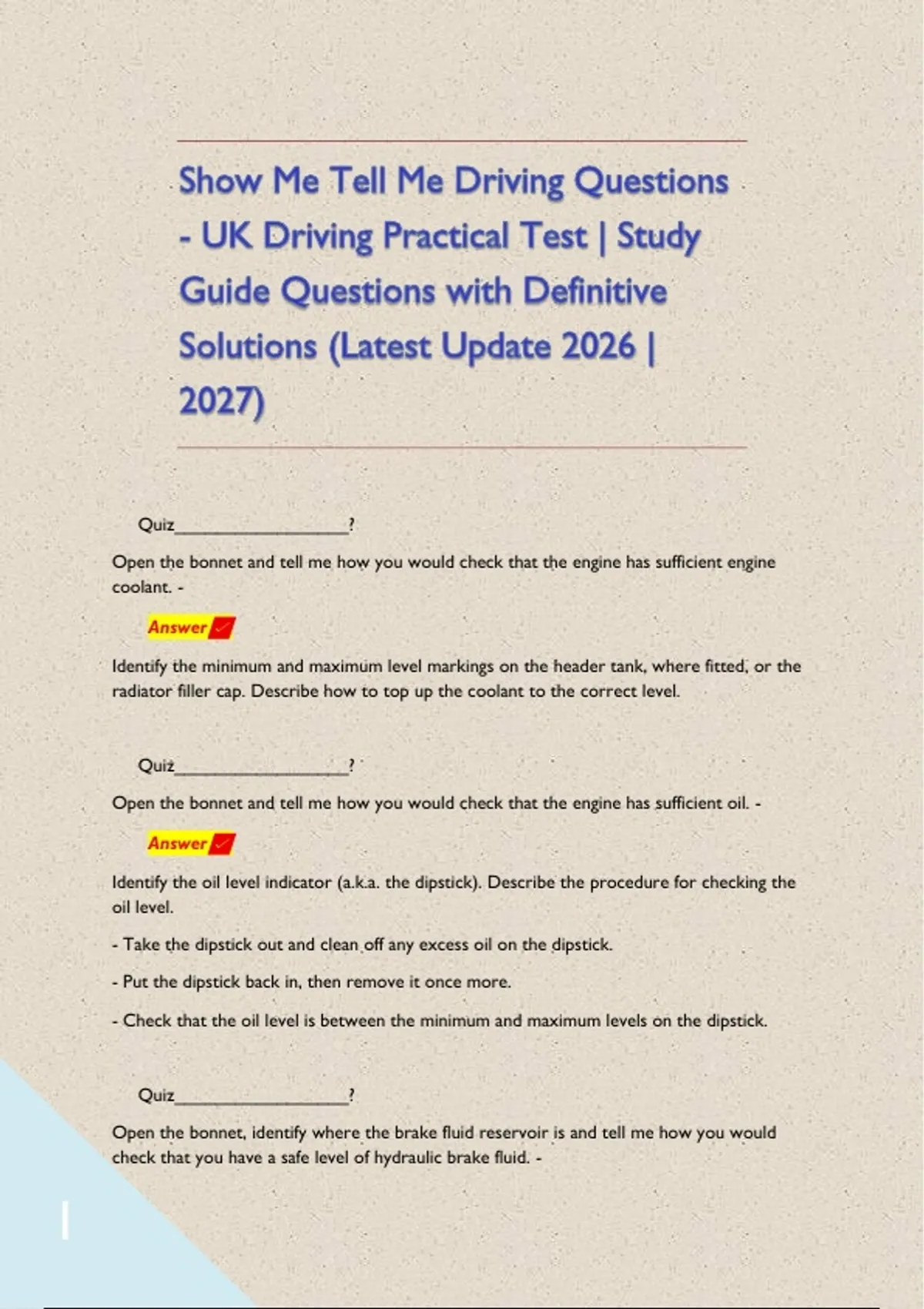 Show Me Tell Me Driving Questions - UK Driving Practical Test | Study ...
