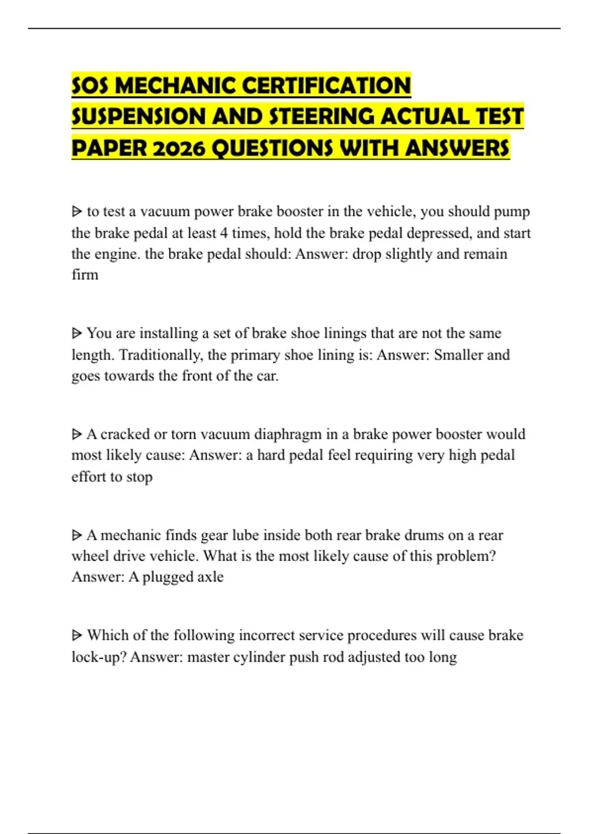 SOS MECHANIC CERTIFICATION SUSPENSION AND STEERING ACTUAL TEST PAPER ...