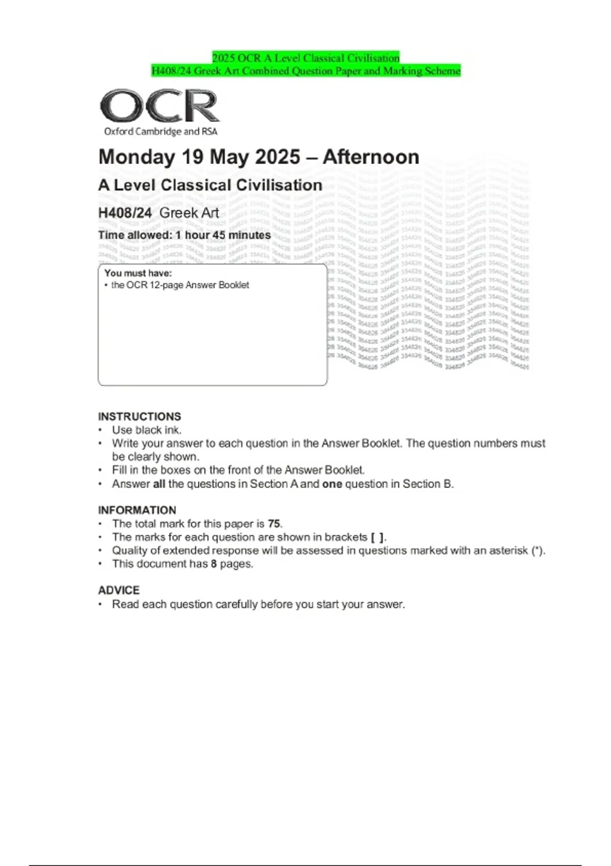 2025 OCR A Level Classical Civilisation H408/24 Greek Art Combined ...