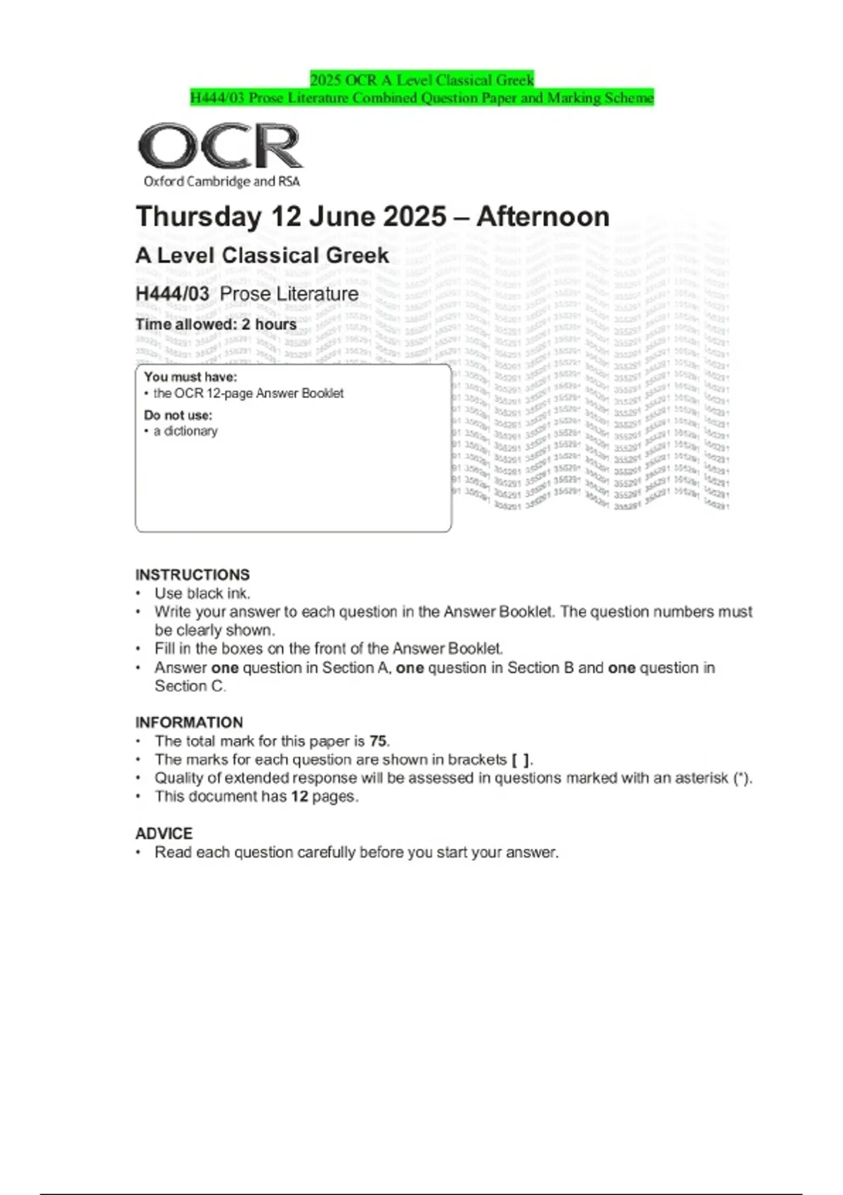 2025 OCR A Level Classical Greek H444/03 Prose Literature Combined ...