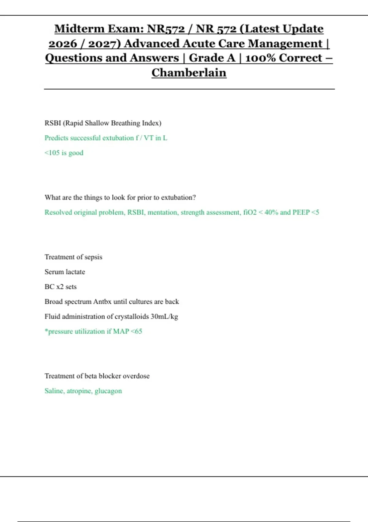 NR 572 Advanced Acute Care Management (Latest 2026–2027 Study Guide ...