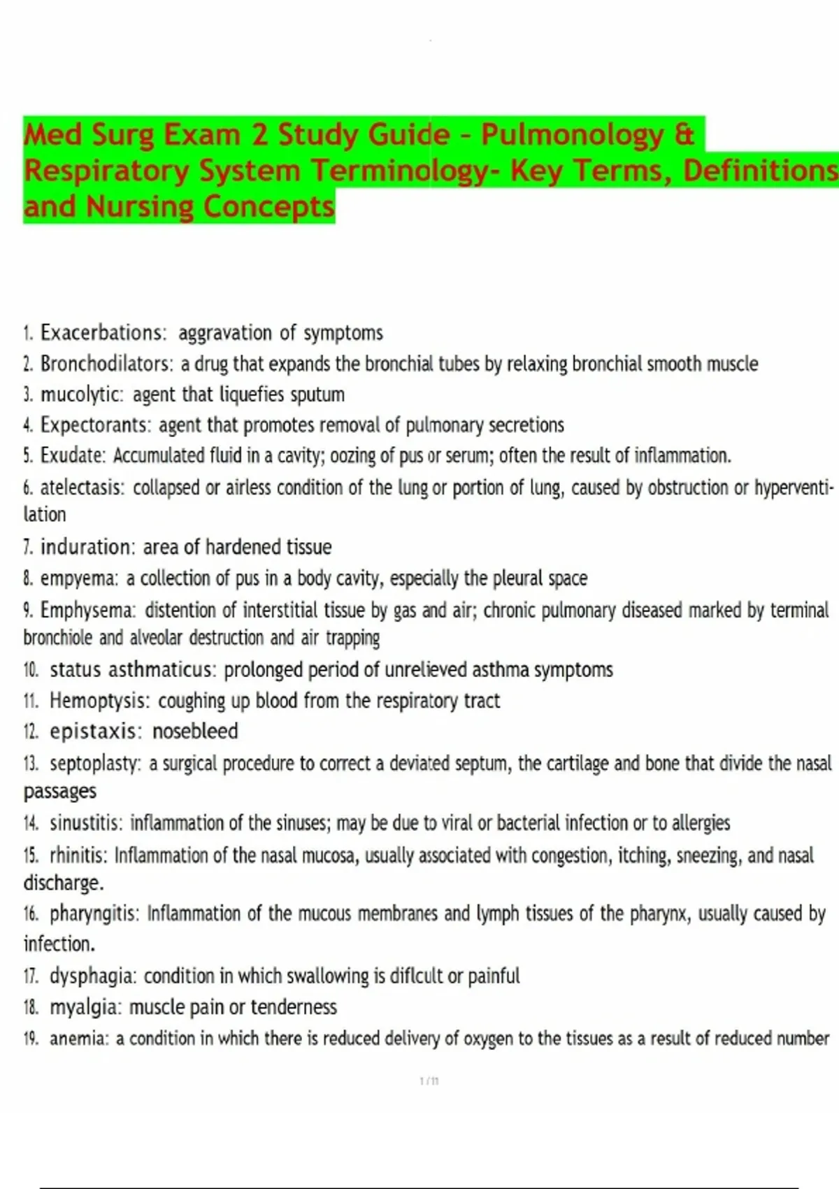Med Surg Exam 2 Study Guide – Pulmonology & Respiratory System ...