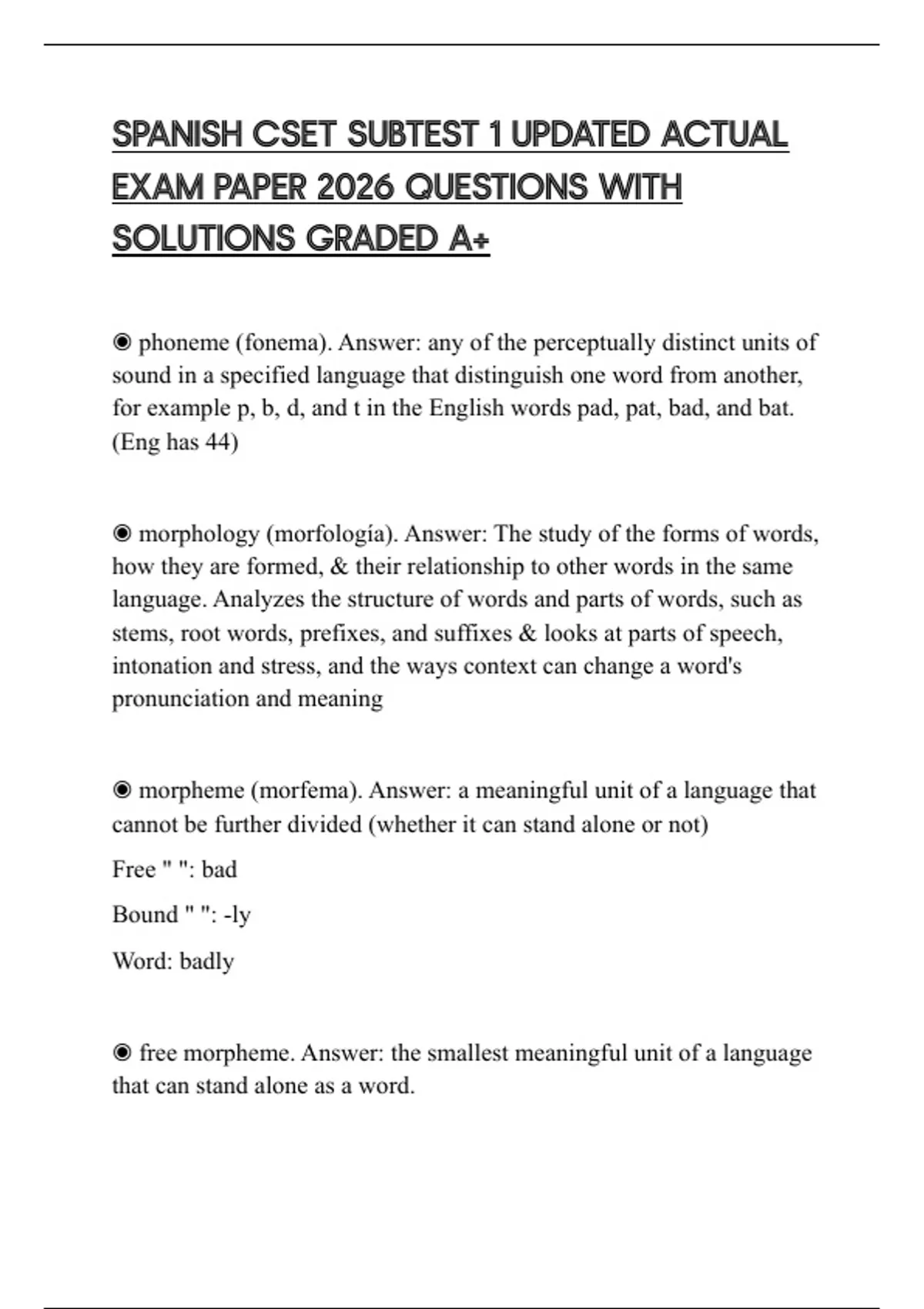 SPANISH CSET SUBTEST 1 UPDATED ACTUAL EXAM PAPER 2026 QUESTIONS WITH ...