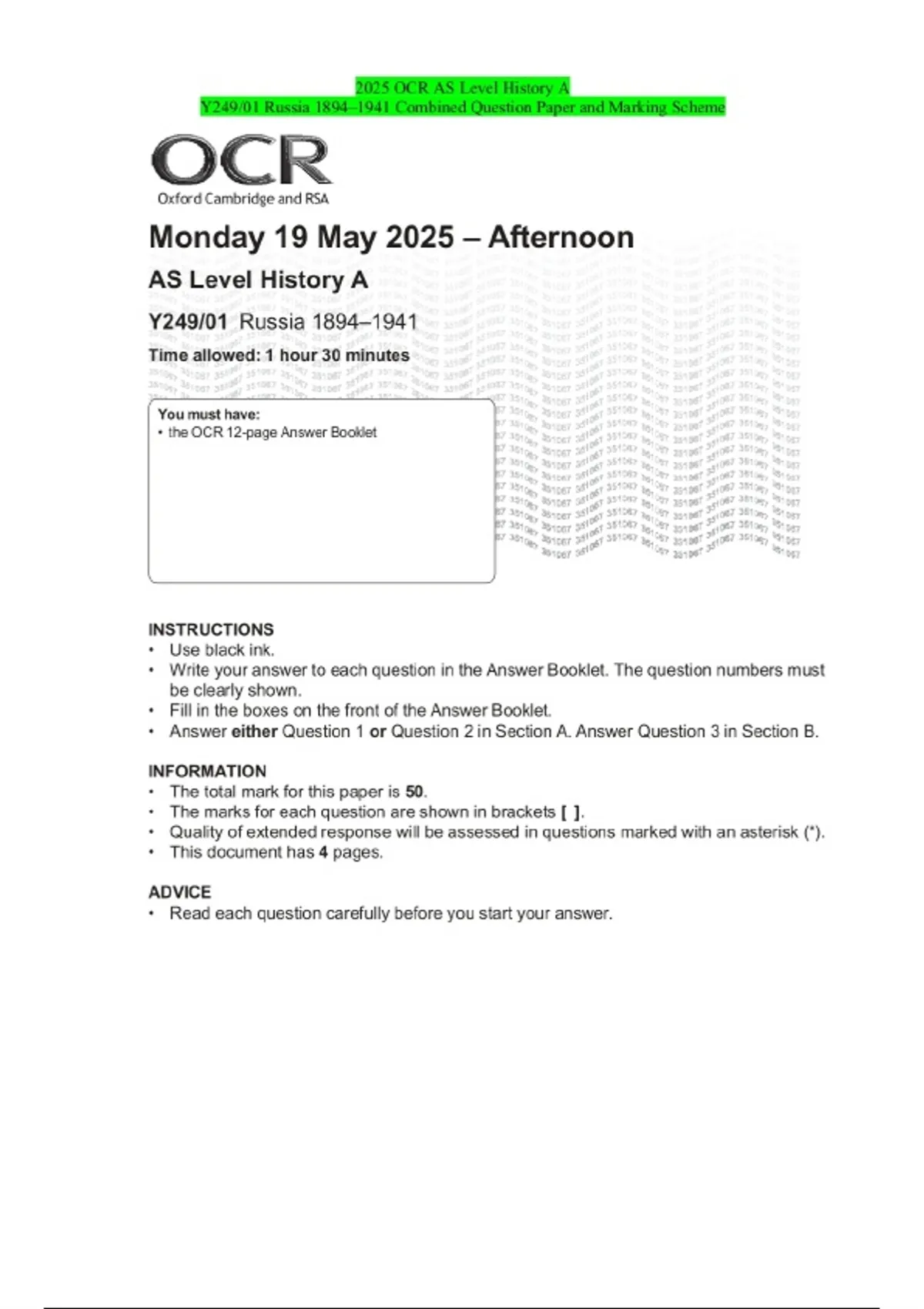 2025 OCR AS Level History A Y249/01 Russia 1894–1941 Combined Question ...