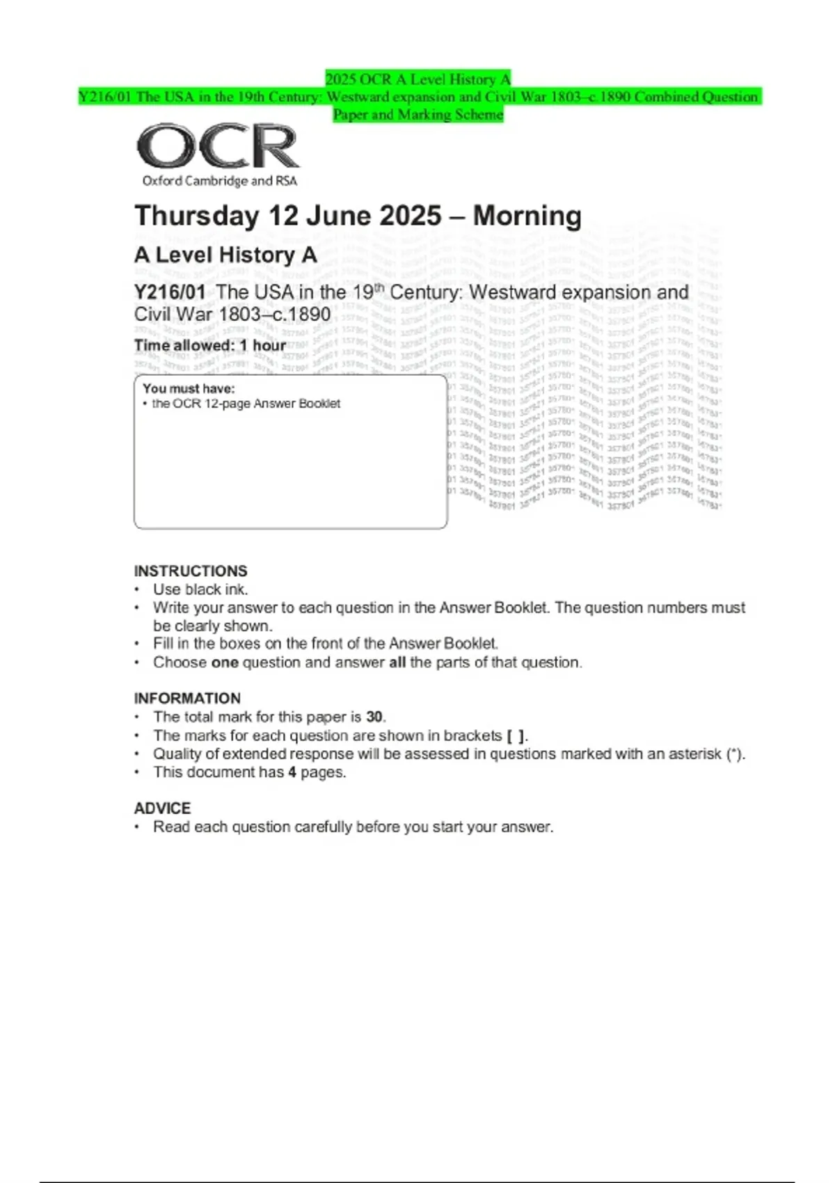 2025 OCR A Level History A Y216/01 The USA in the 19th Century ...