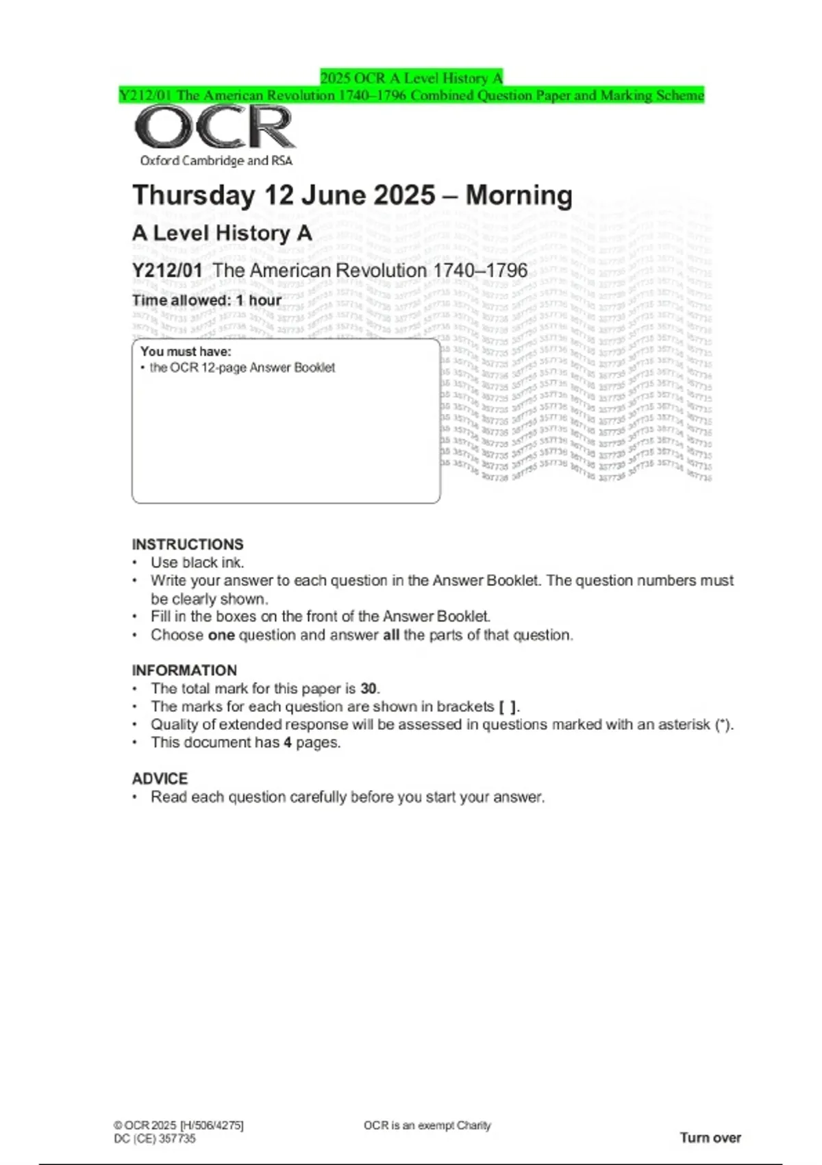 2025 OCR A Level History A Y212/01 The American Revolution 1740–1796 ...