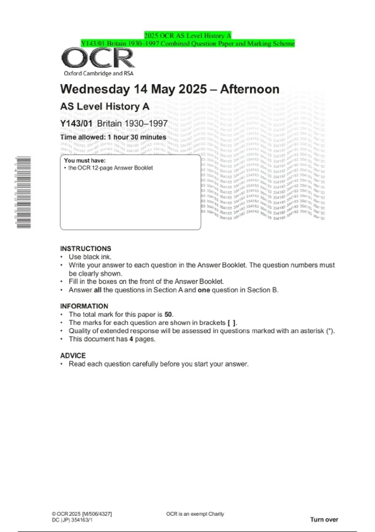 2025 OCR AS Level History A Y143/01 Britain 1930–1997 Combined Question ...