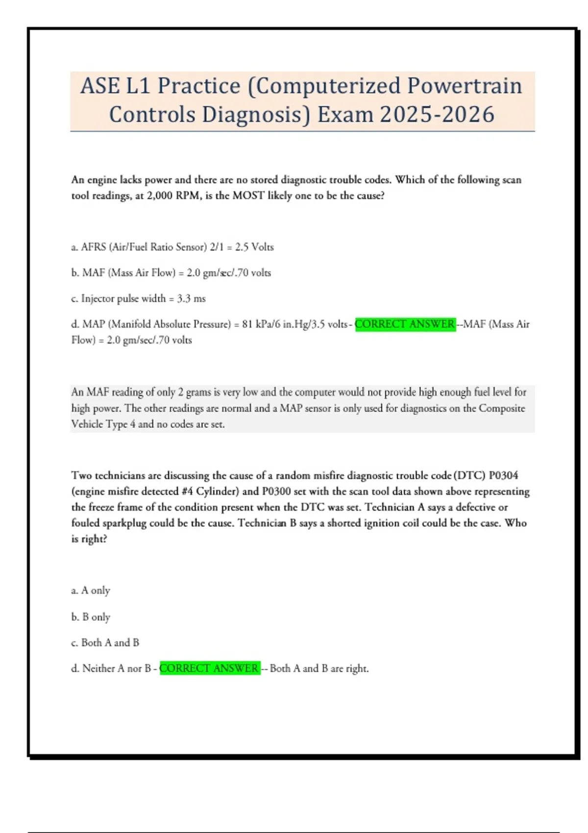 ASE L1 Practice (Computerized Powertrain Controls Diagnosis) Exam - ASE ...