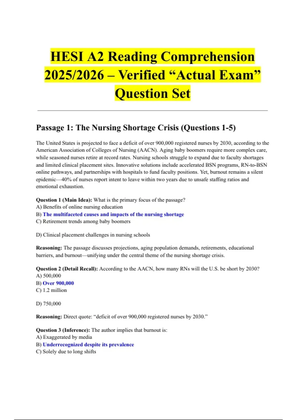 HESI A2 Reading Comprehension 2025/2026 – Verified “Actual Exam ...