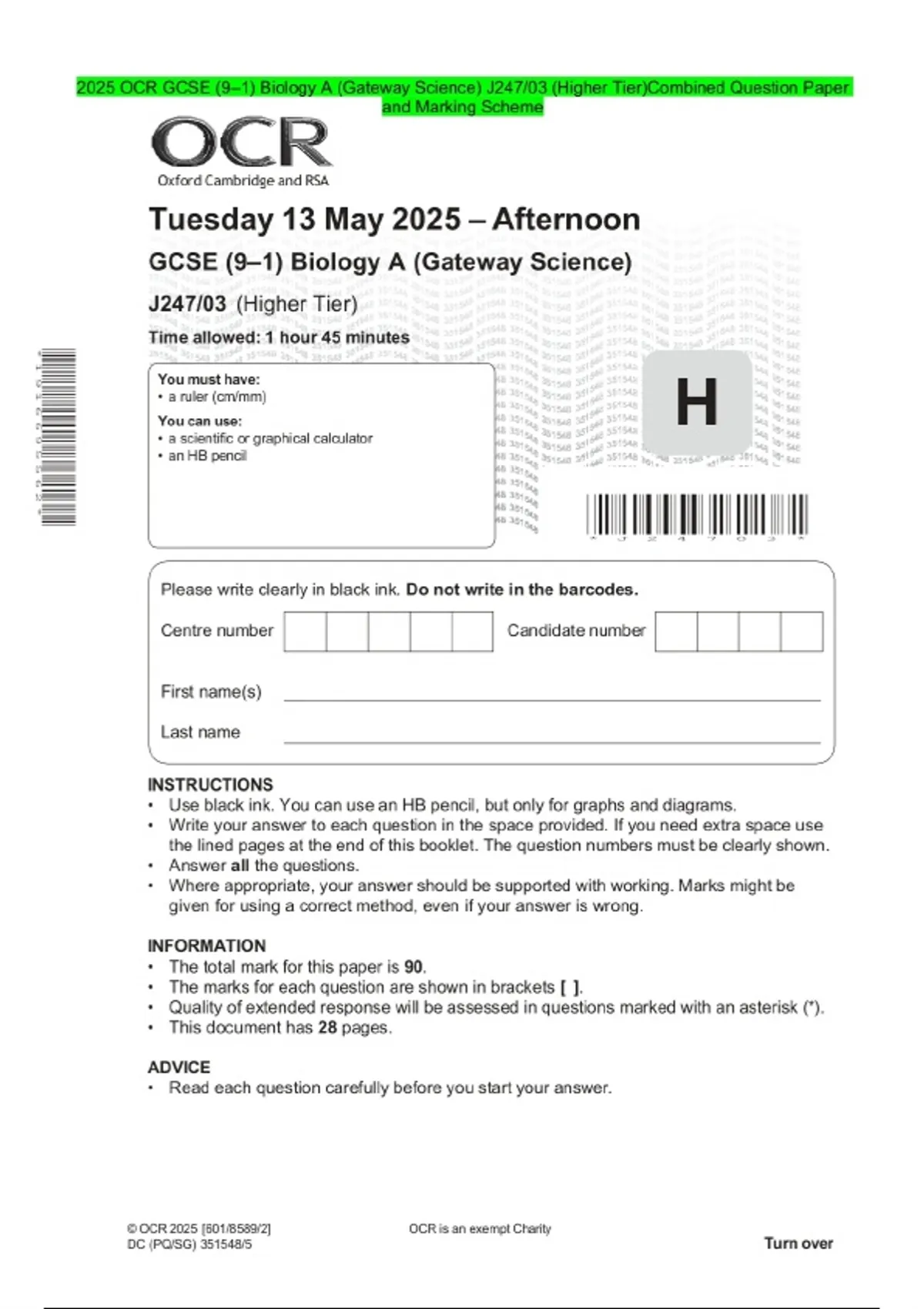 2025 OCR GCSE (9–1) Biology A (Gateway Science) J247/03 (Higher Tier)Combined Question Paper and ...