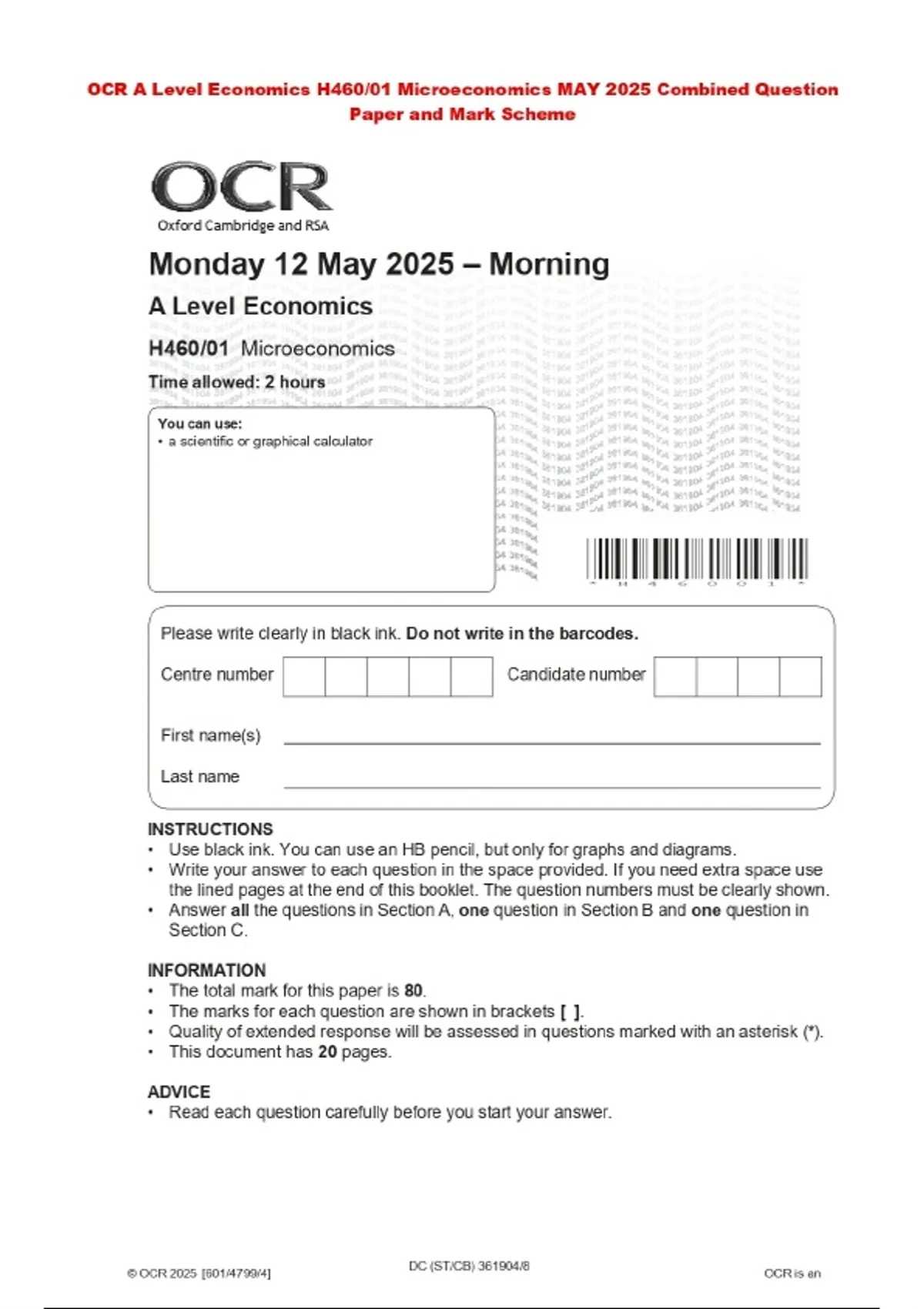 OCR A Level Economics H460/01 Microeconomics MAY 2025 Combined Question ...