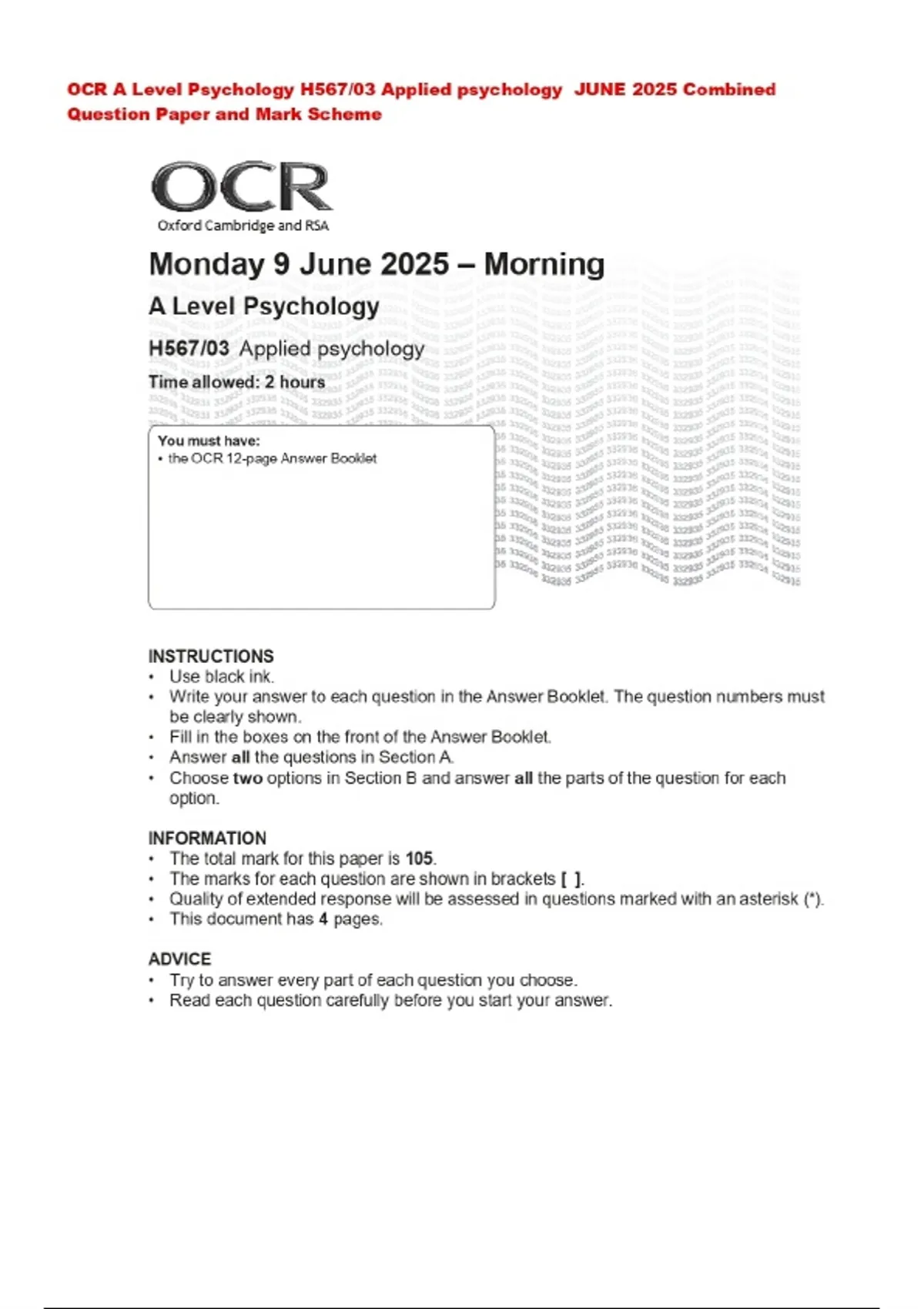 OCR A Level Psychology H567/03 Applied psychology JUNE 2025 Combined ...