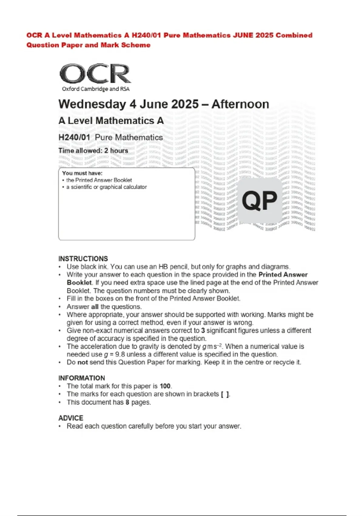 OCR A Level Mathematics A H240/01 Pure Mathematics JUNE 2025 Combined ...