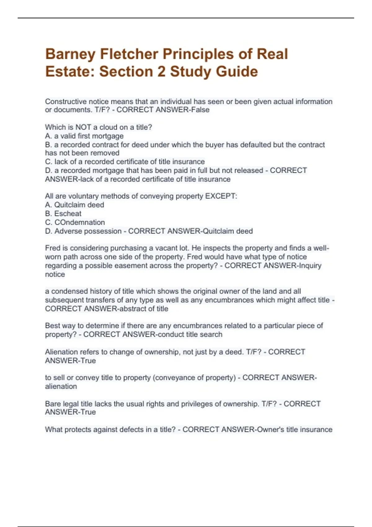Barney Fletcher Principles of Real Estate: Section 2 Study Guide ...