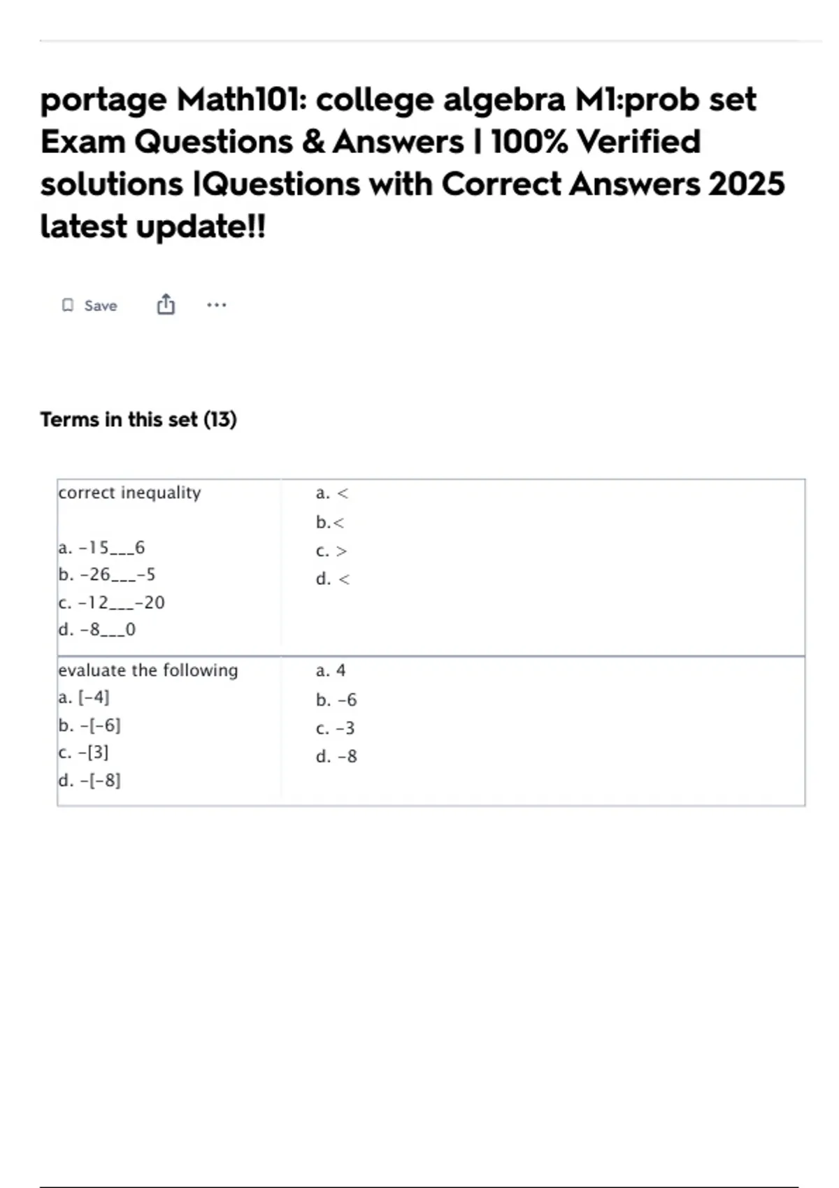 portage Math101: college algebra M1:prob set Exam Questions & Answers ...