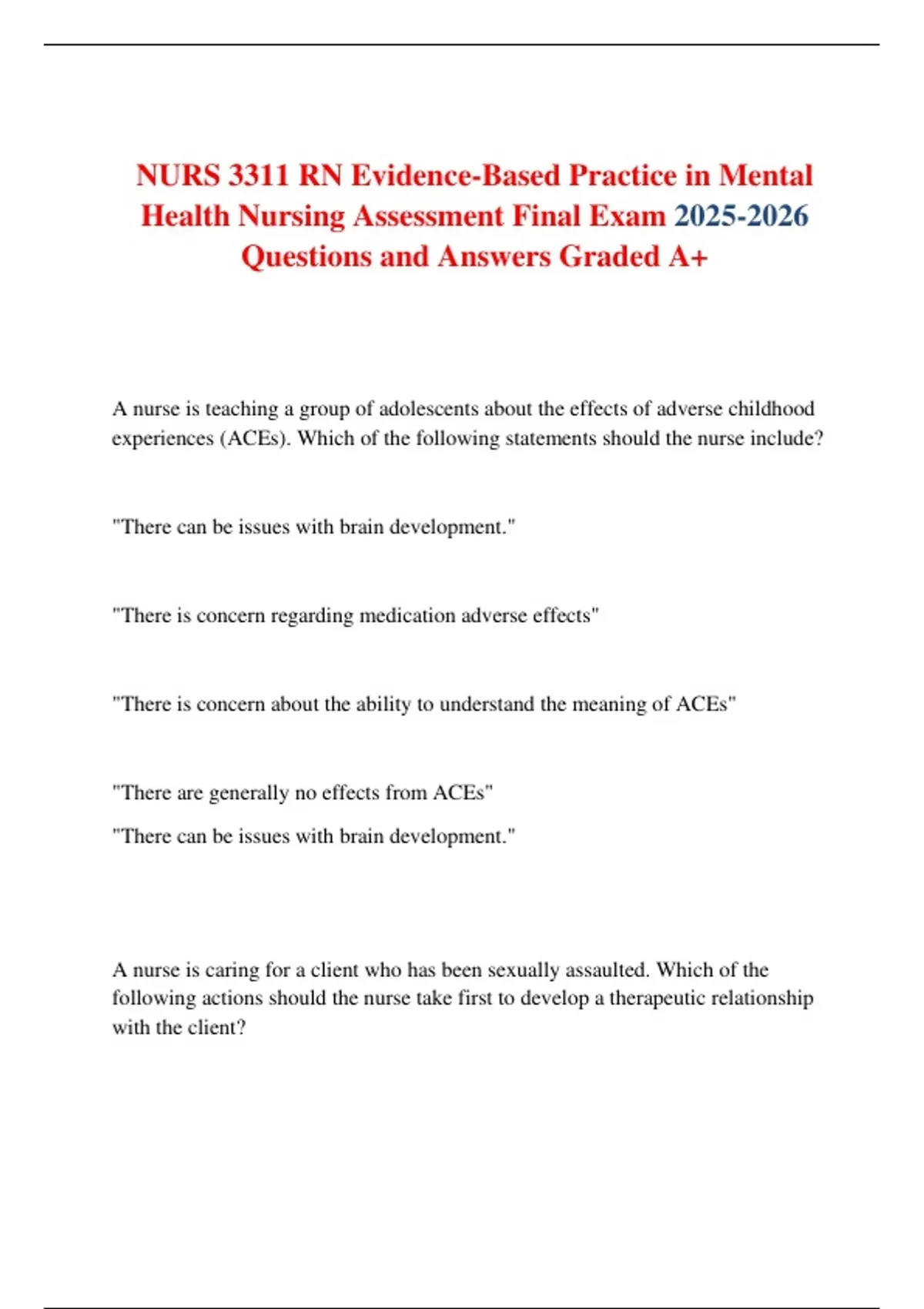 NURS 3311 RN Evidence-Based Practice in Mental Health Nursing ...