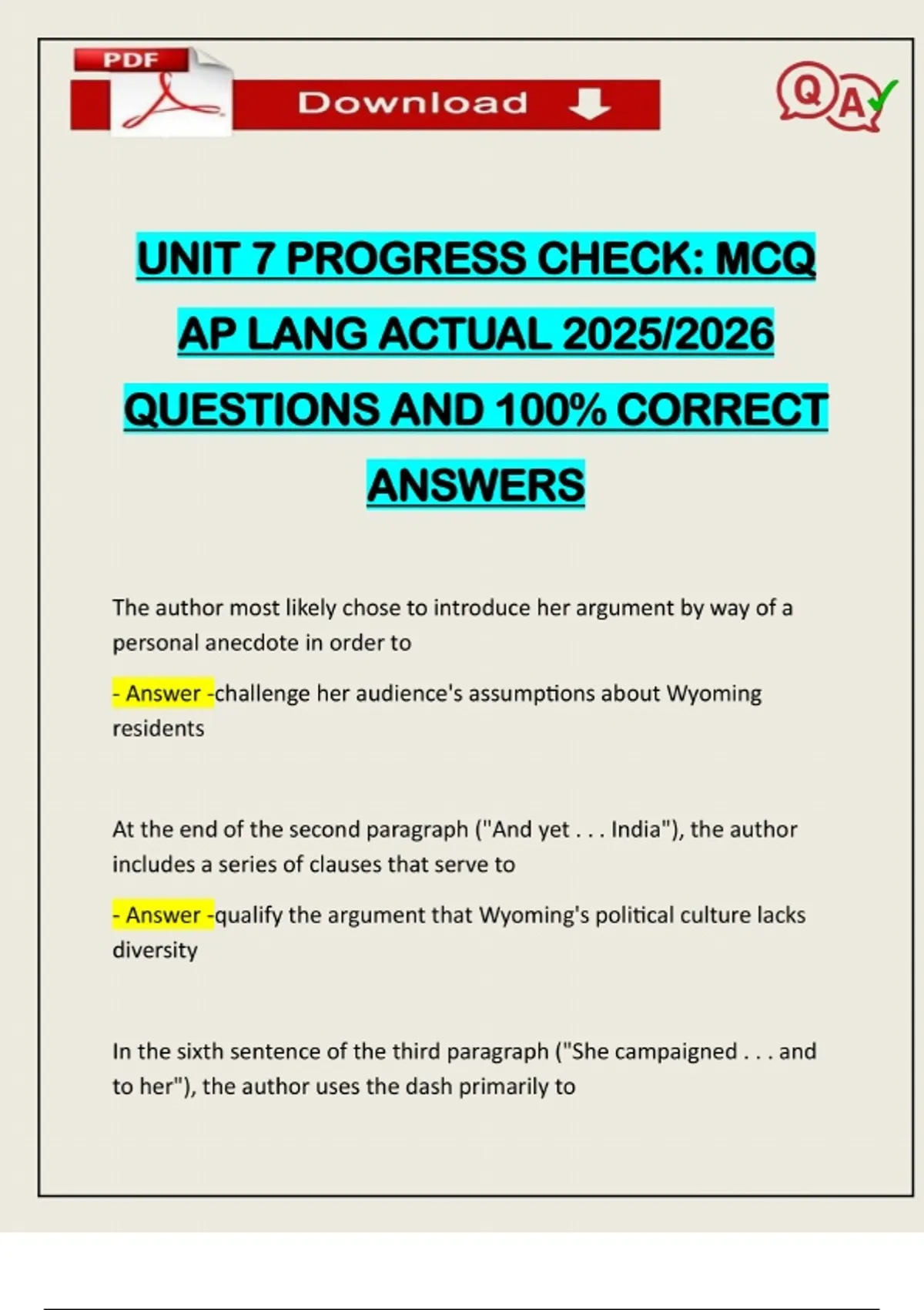 UNIT 7 PROGRESS CHECK: MCQ AP LANG ACTUAL 2025/2026 QUESTIONS AND 100% ...
