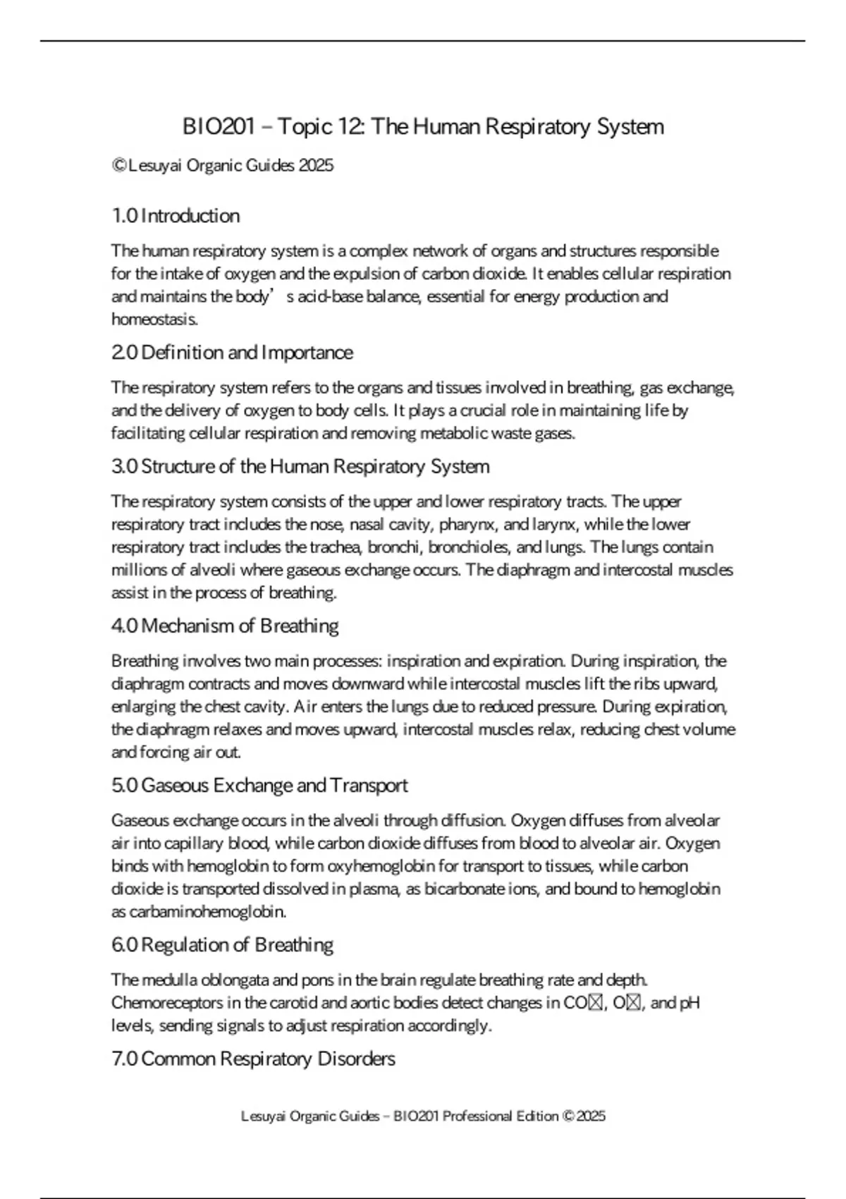 BIO201 Topic 12 – Human Respiratory System | Complete Study Notes ...