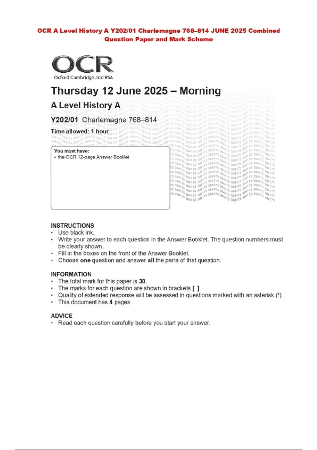 OCR A Level History A Y202/01 Charlemagne 768–814 JUNE 2025 Combined ...